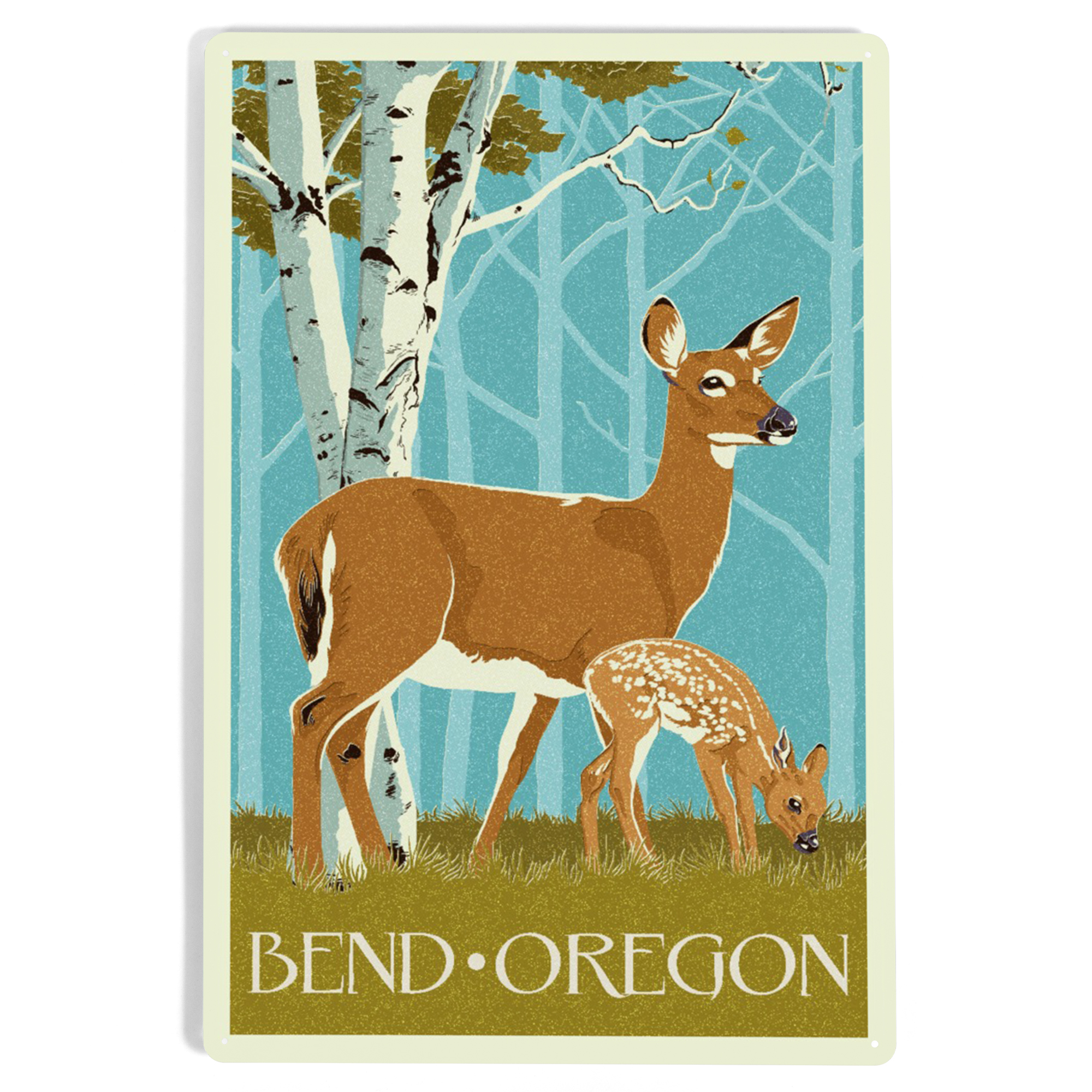 Bend, Oregon, Deer and Fawn, Letterpress (12x18 Aluminum Art, Indoor ...