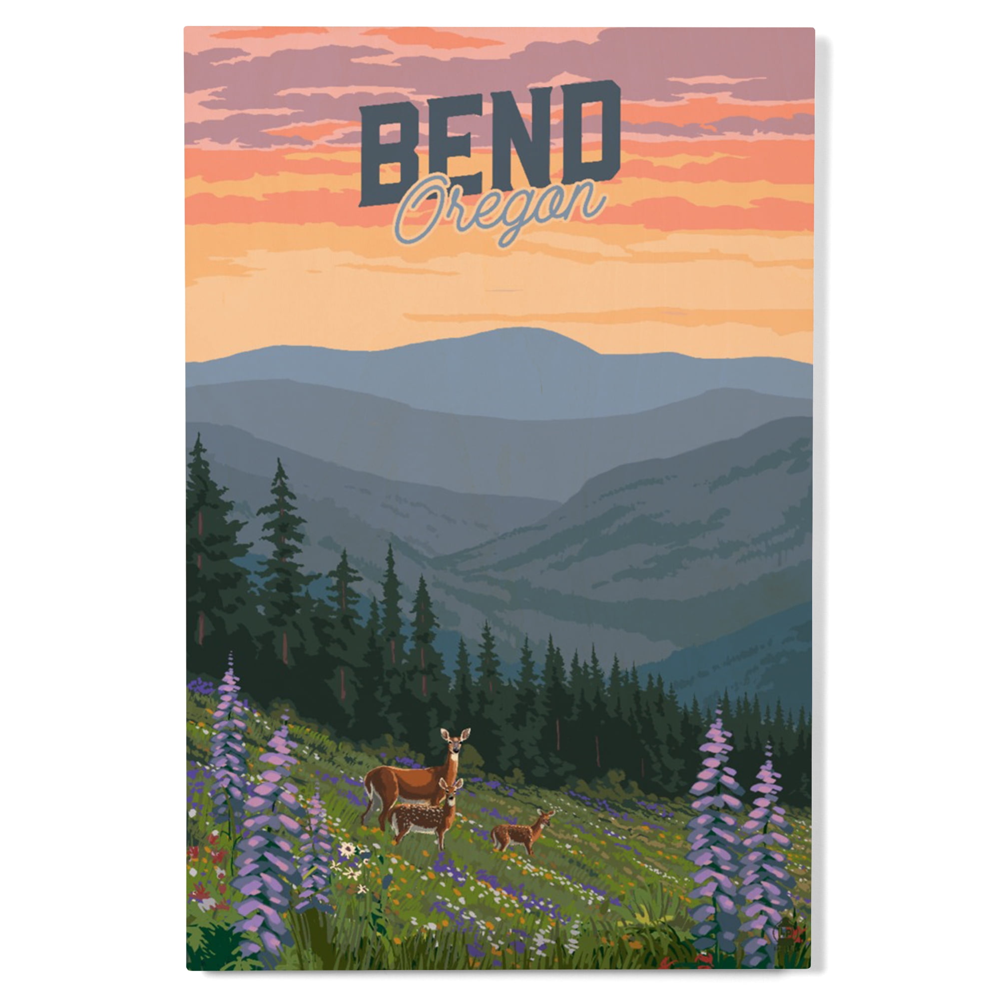 Bend, Oregon, Deer and Spring Flowers Birch Wood Wall Sign (12x18 ...