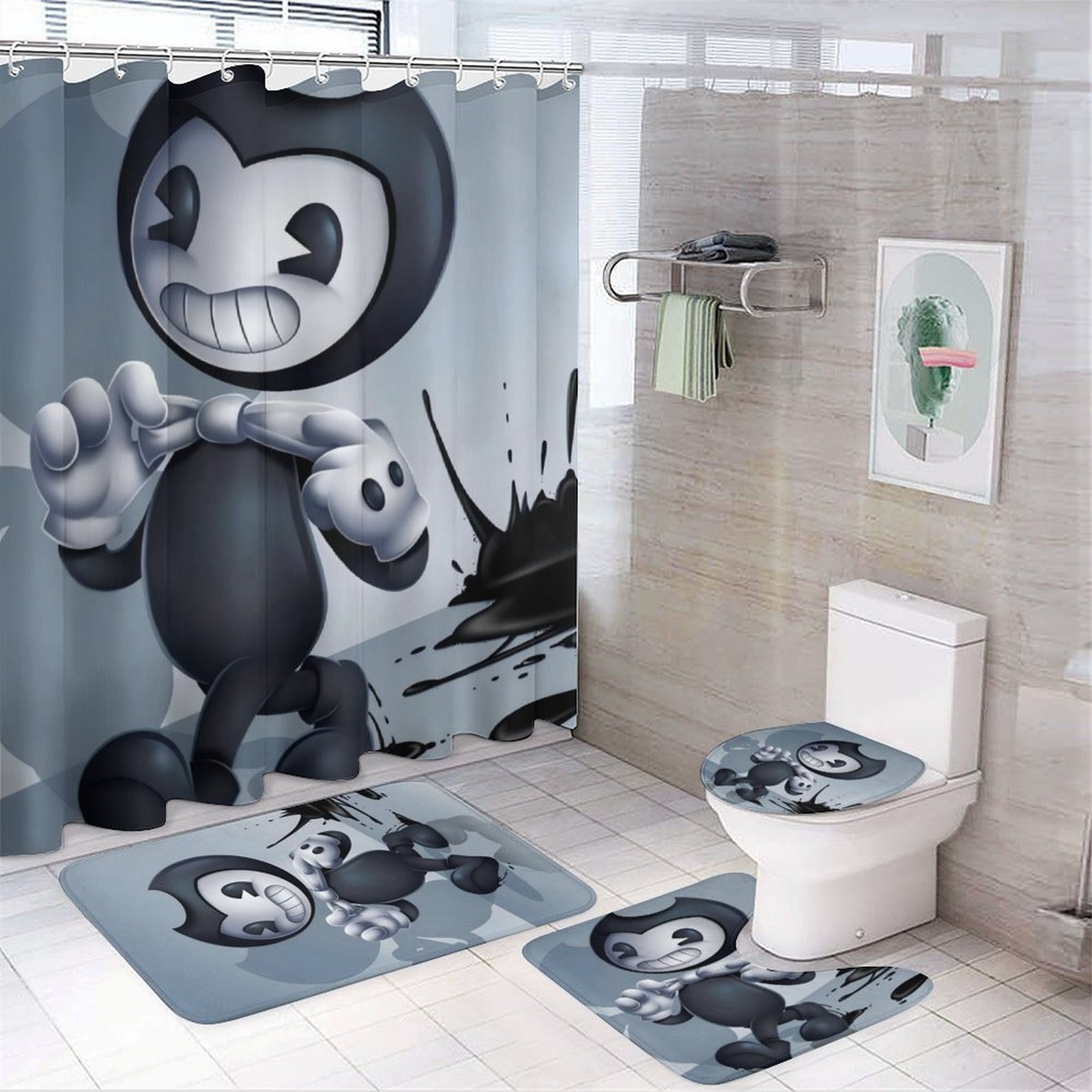 Bendy And The Ink Machine 4 Piece Cartoon Shower Curtain Set Cassette ...