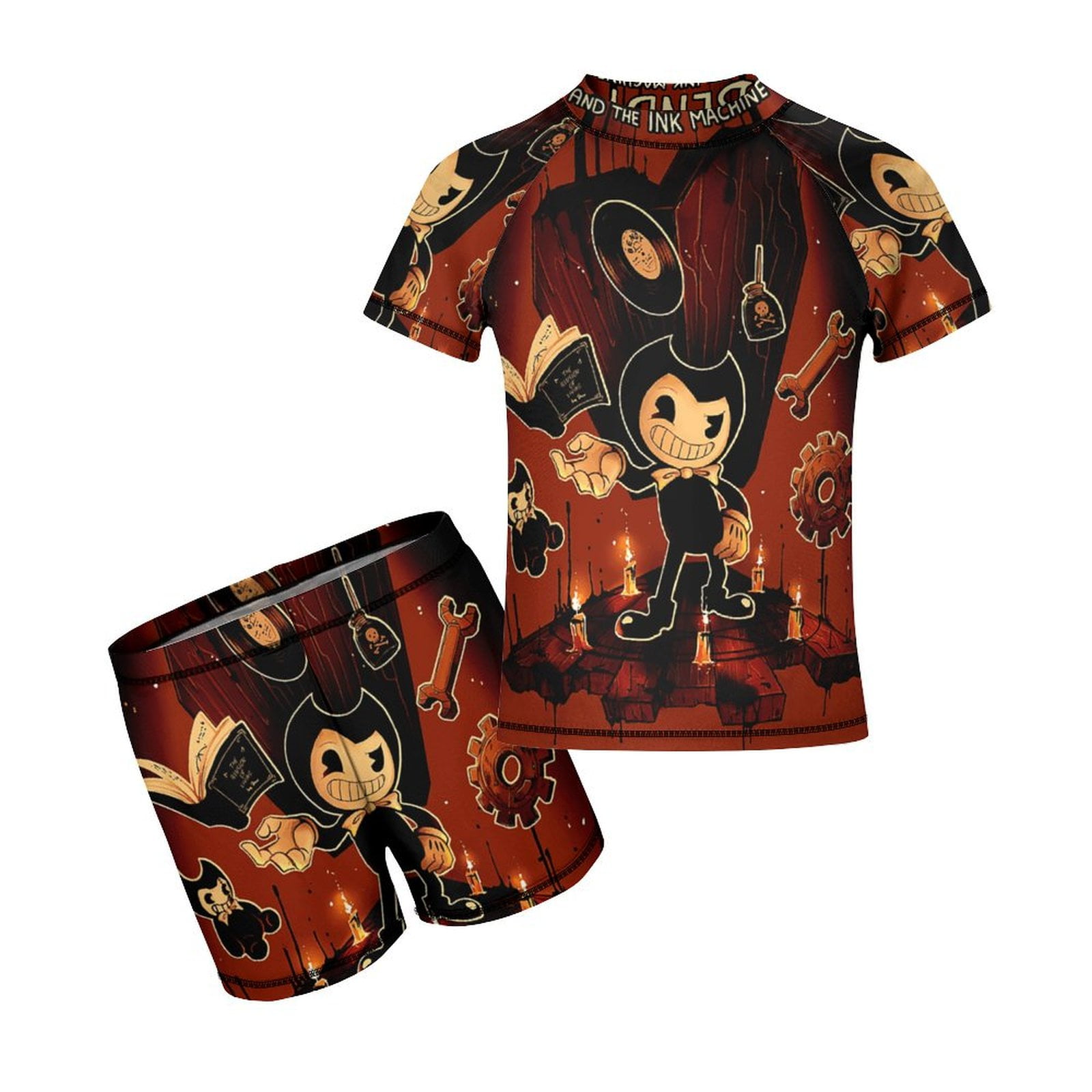 Bendy And The Ink Machine Boys 2-Piece Swimsuit Set, Short Sleeve Rash ...