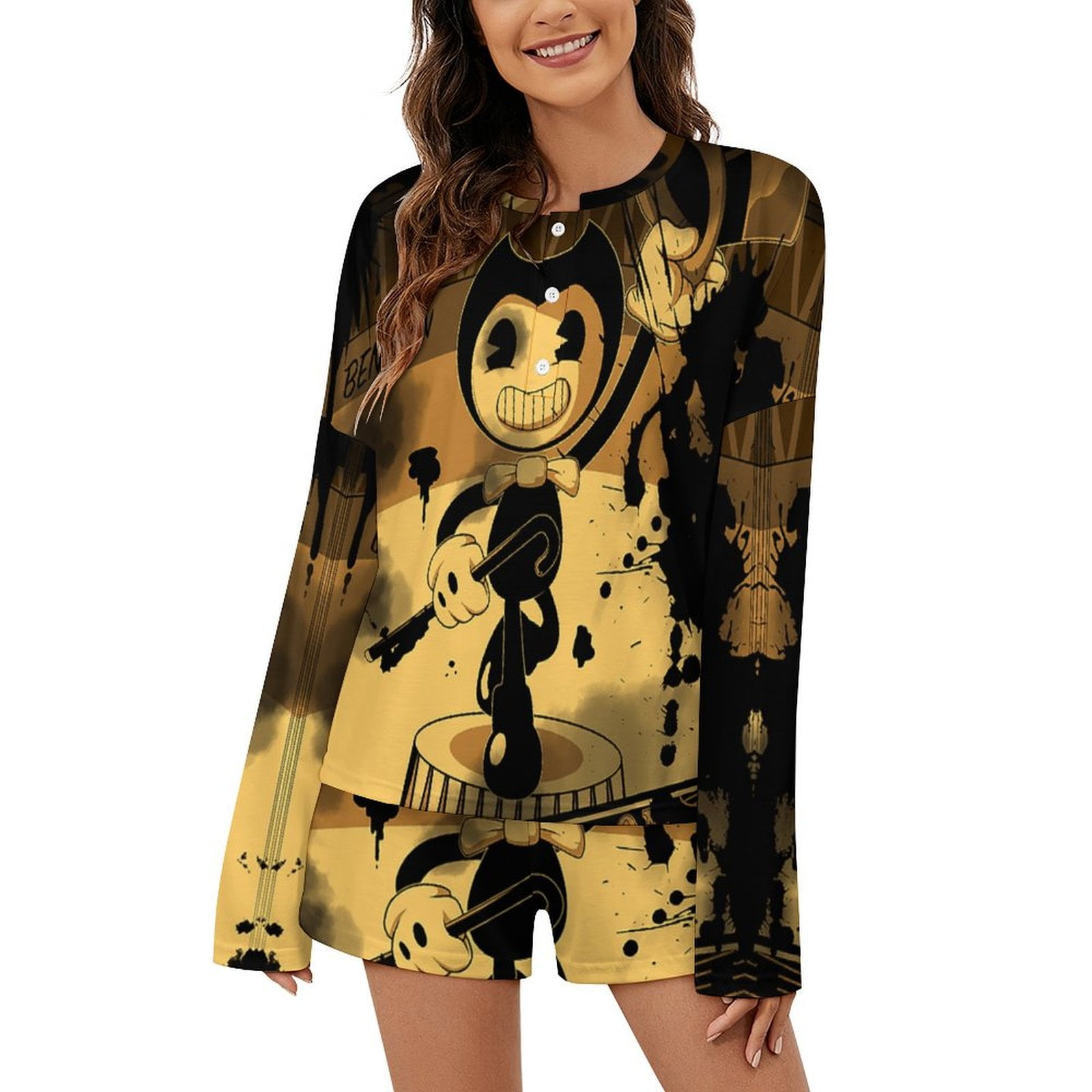 Bendy And The Ink Machine Womens Button Down Pajamas Set Long Sleeve ...