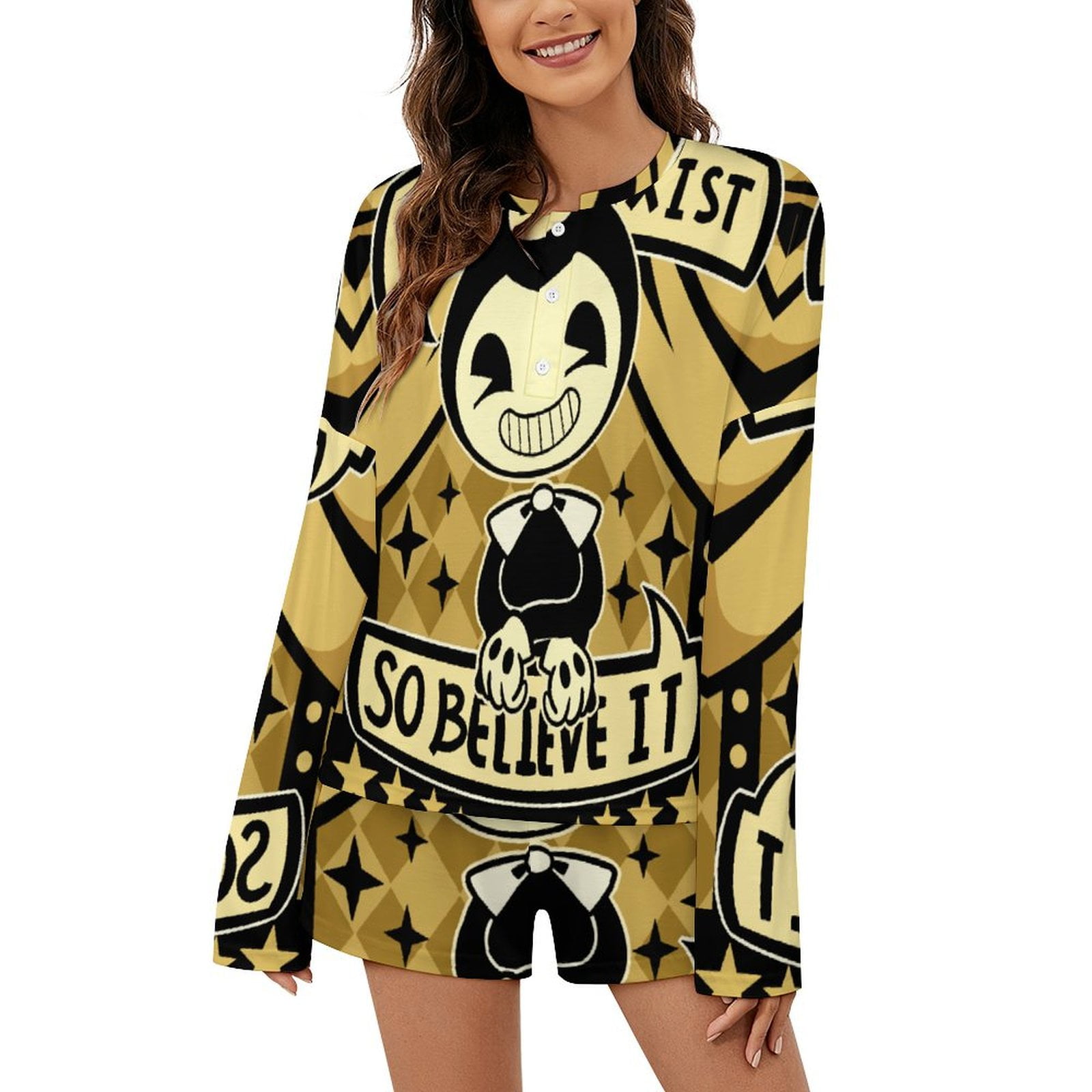 Bendy And The Ink Machine Womens Button Down Pajamas Set Long Sleeve ...