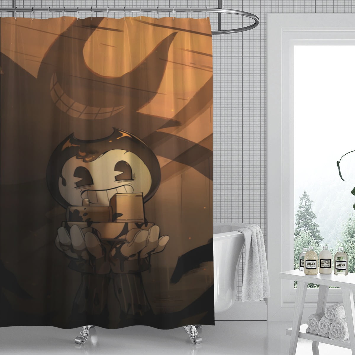 Bendy and the Ink Machine shower curtain has a striking design, is waterproof, and installs with ...