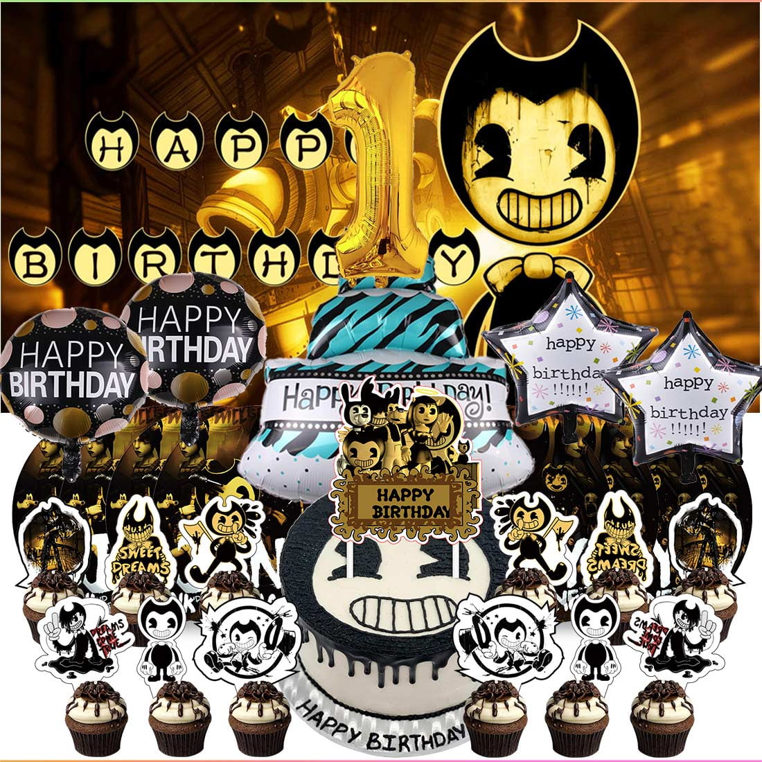Bendy and the Ink Machine 1st Tableware Balloons Cake Toppers Backdrop ...