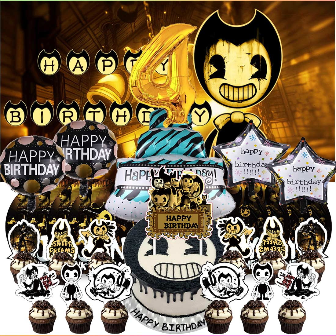 Bendy and the Ink Machine 4th Tableware Balloons Cake Toppers Backdrop ...