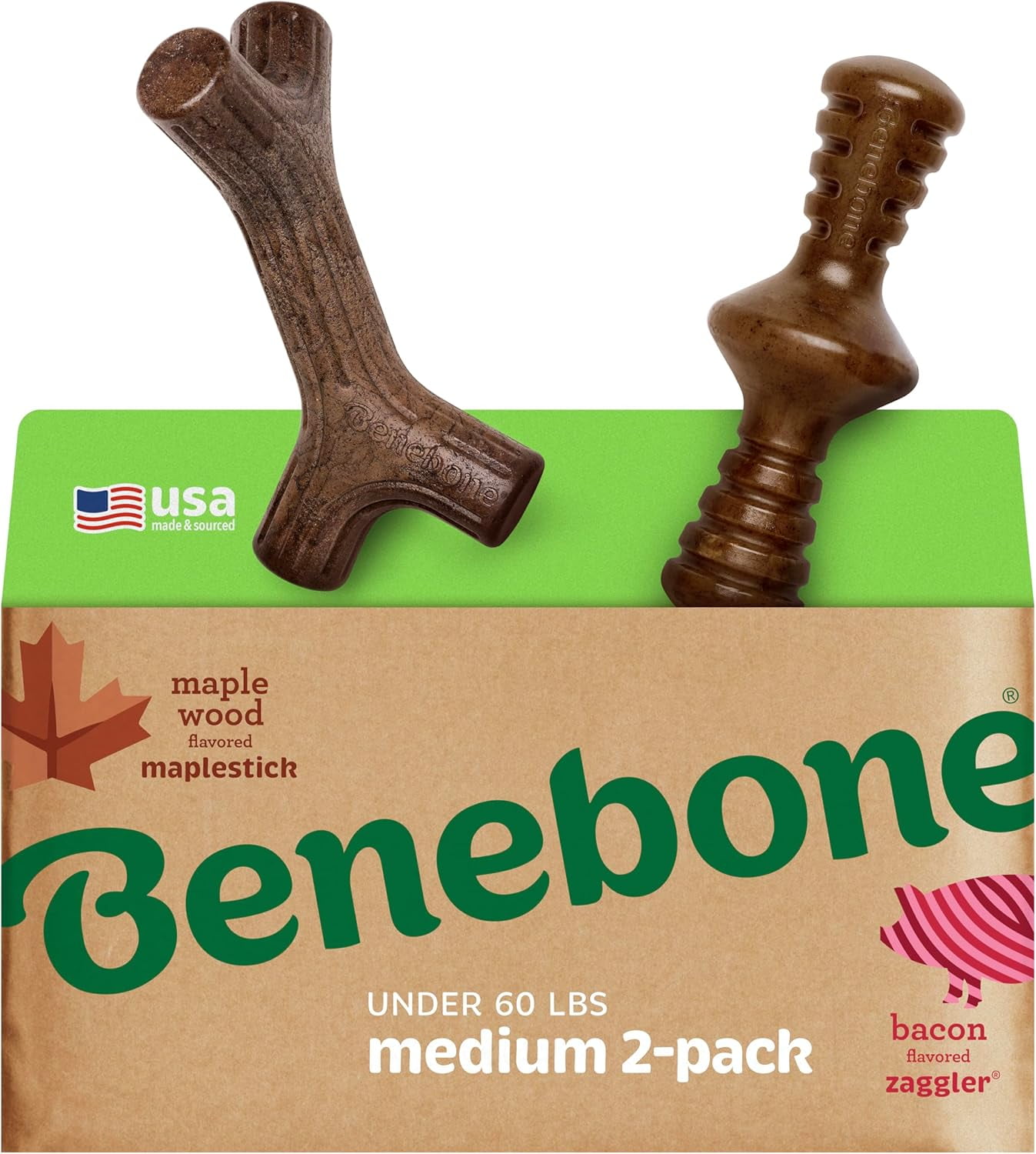 Benebone 2-Pack Maplestick/Zaggler Durable Dog Chew Toys, Real ...