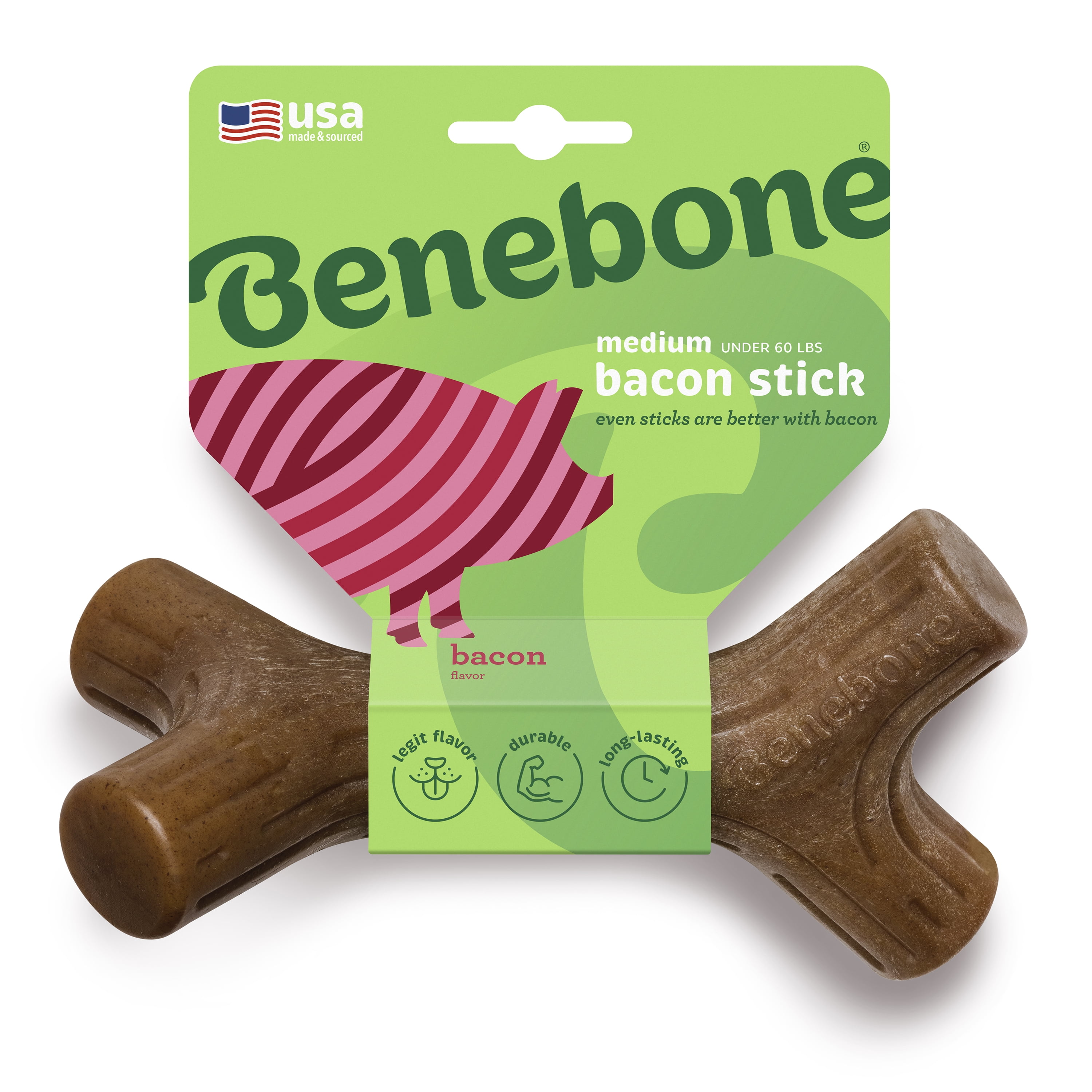 Benebone Bacon Stick Durable Dog Chew Toy for Aggressive Chewers, Real ...