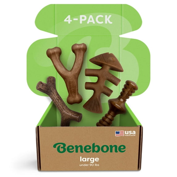 Benebone Large 4-Pack Dog Chew Toys for Aggressive Chewers, 90lbs and ...