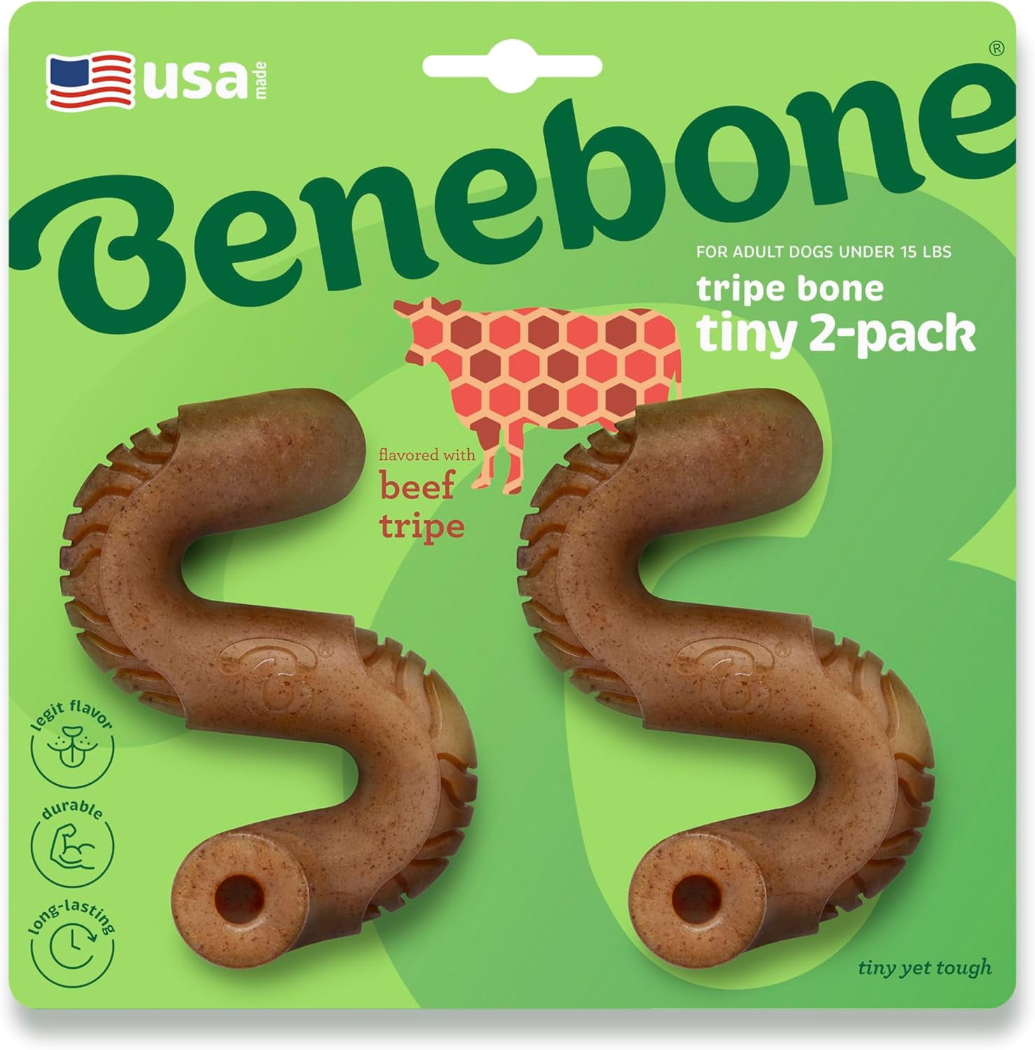 Benebone Tiny 2-Pack, Tripe Bone Durable Dog Chew Toy for Aggressive ...