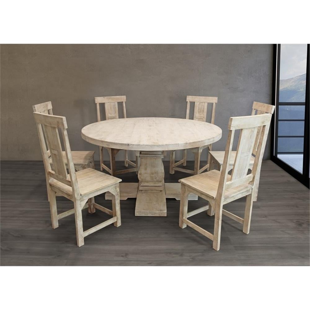 Benedict 7-Piece Dining Set - 58" Round Table & 6 Chairs in White Wash ...