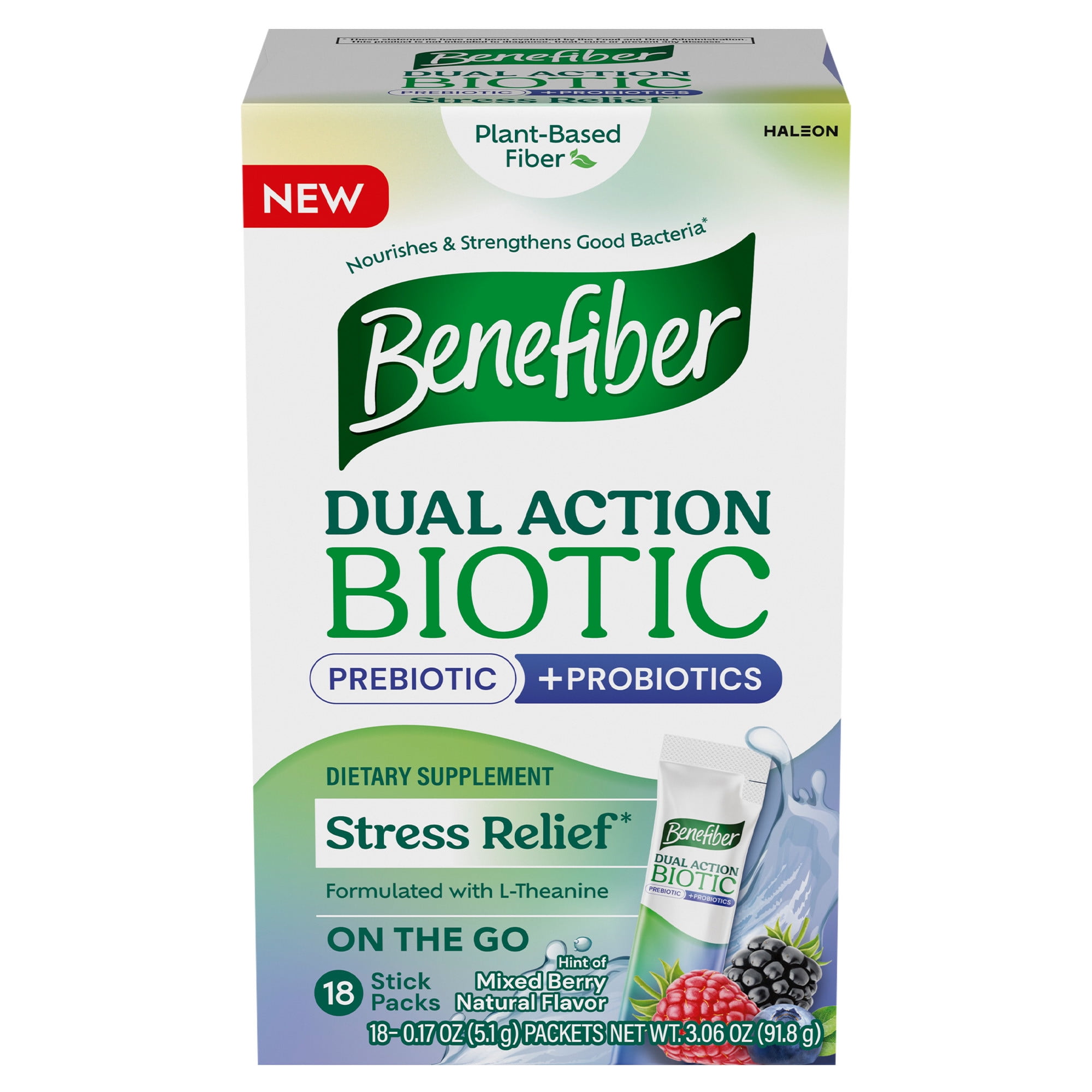 Benefiber Dual Action Biotic Plus Stress Relief, 18 Count Stick Packs ...