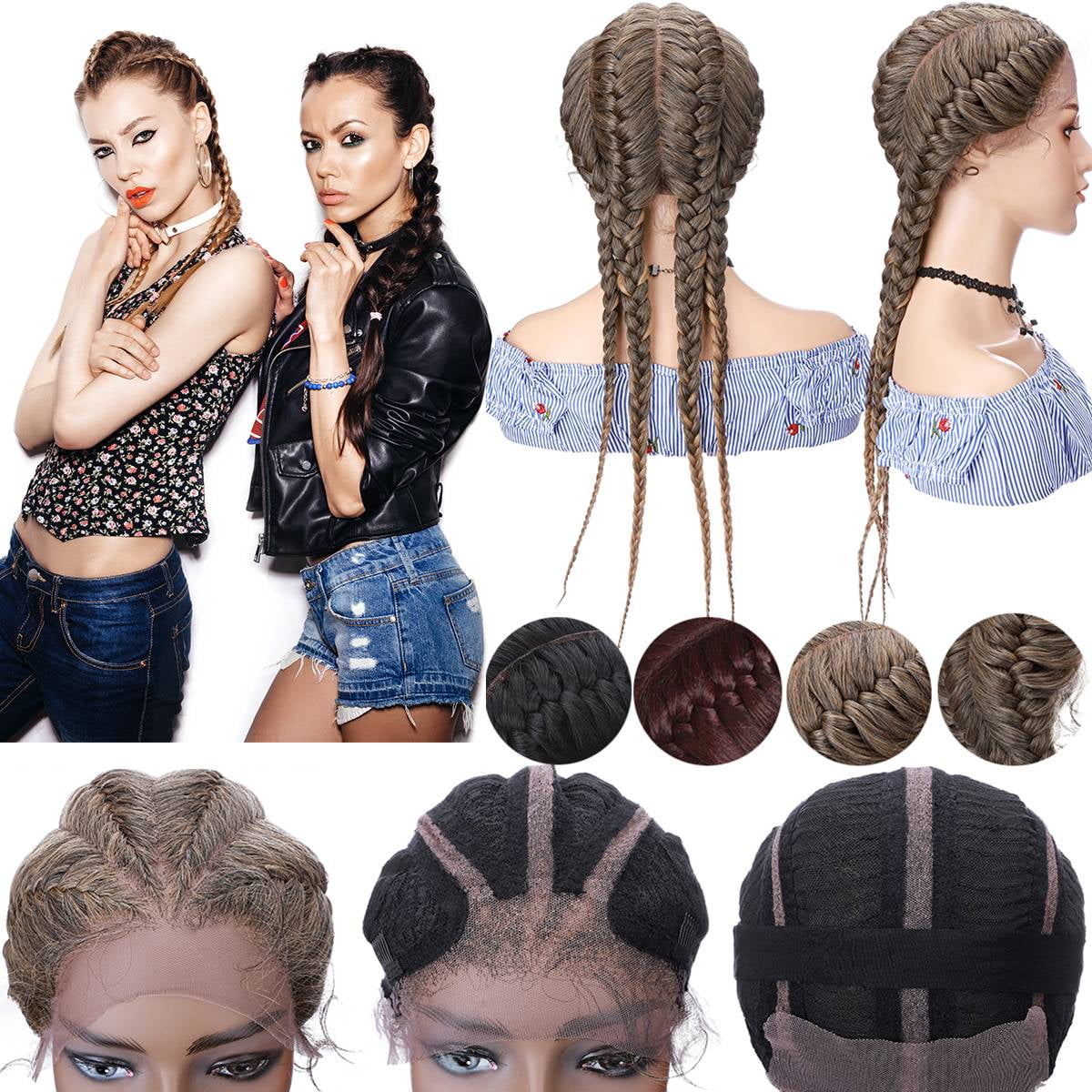 Benehair 24" Hand-Braided Lace Front Cornrow Braids Wigs Double Dutch ...