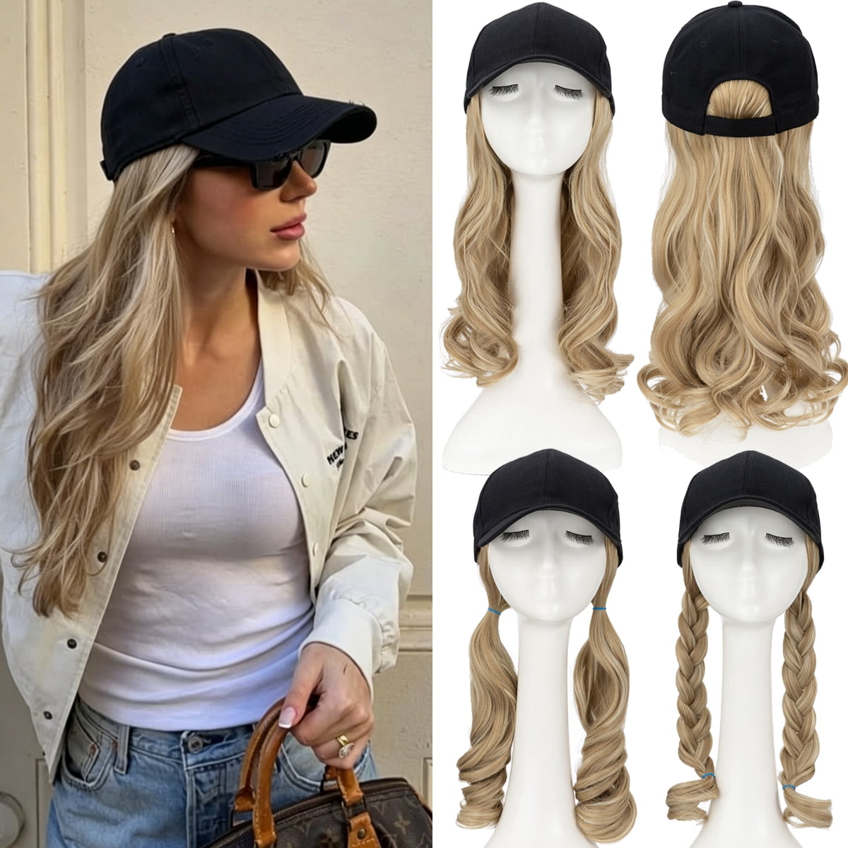 Benehair Baseball Cap with attached Hair, 16 inch Natural Wave Wig Hat ...