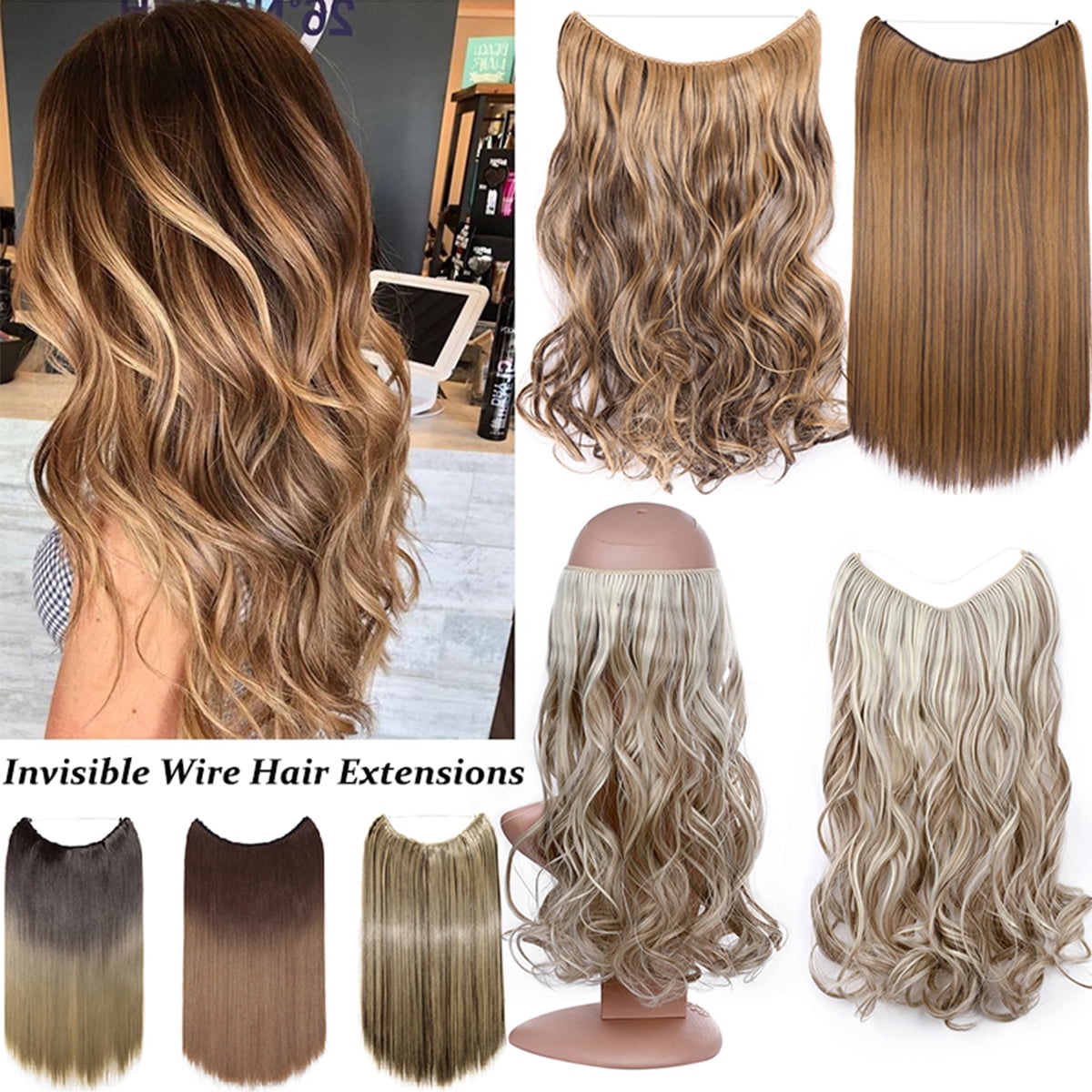 Benehair Invisible Wire Hair Extensions, Synthetic, Ash Blonde Mix ...