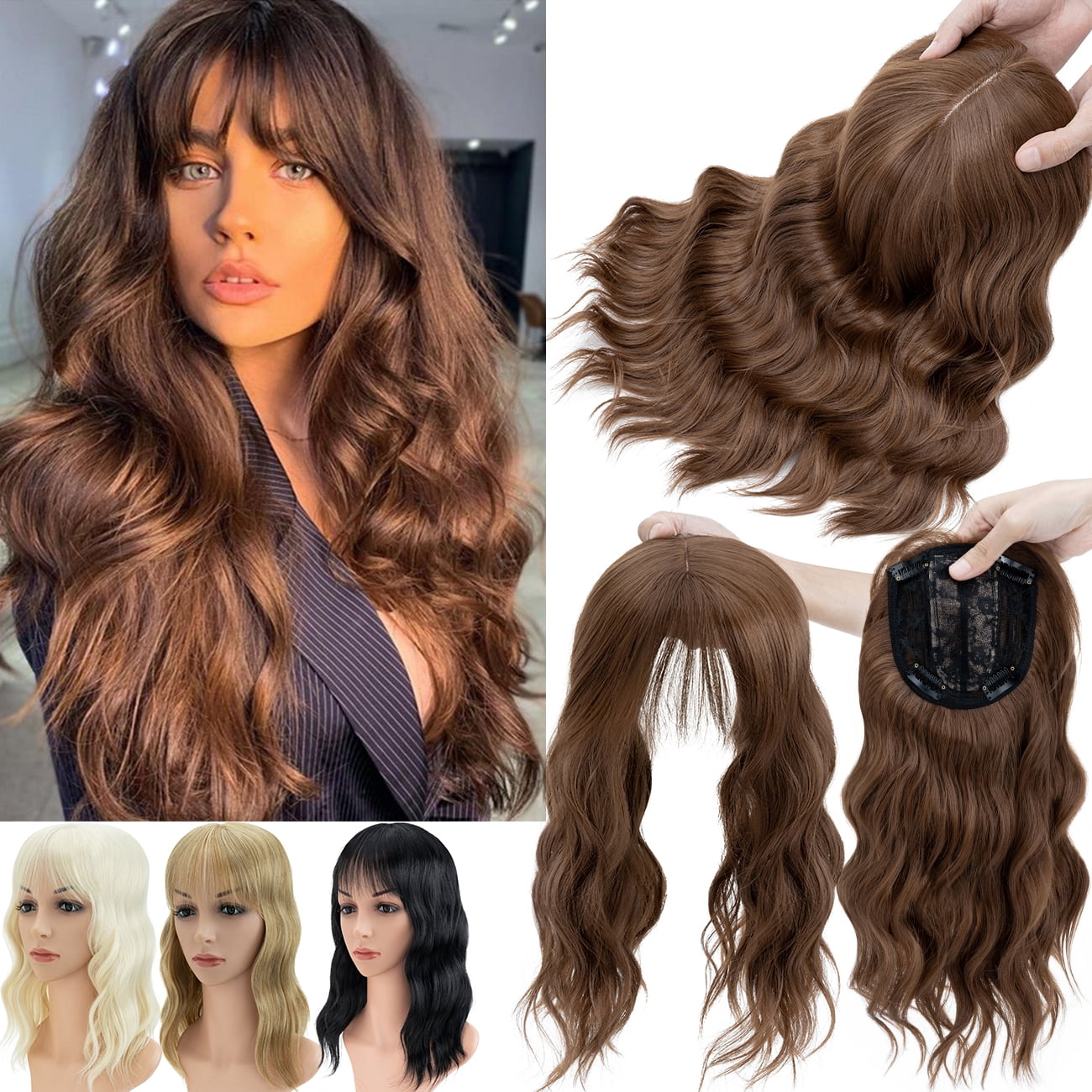 Benehair Mix Brown Wave Curl Hair Toppers with Bangs for Women with ...