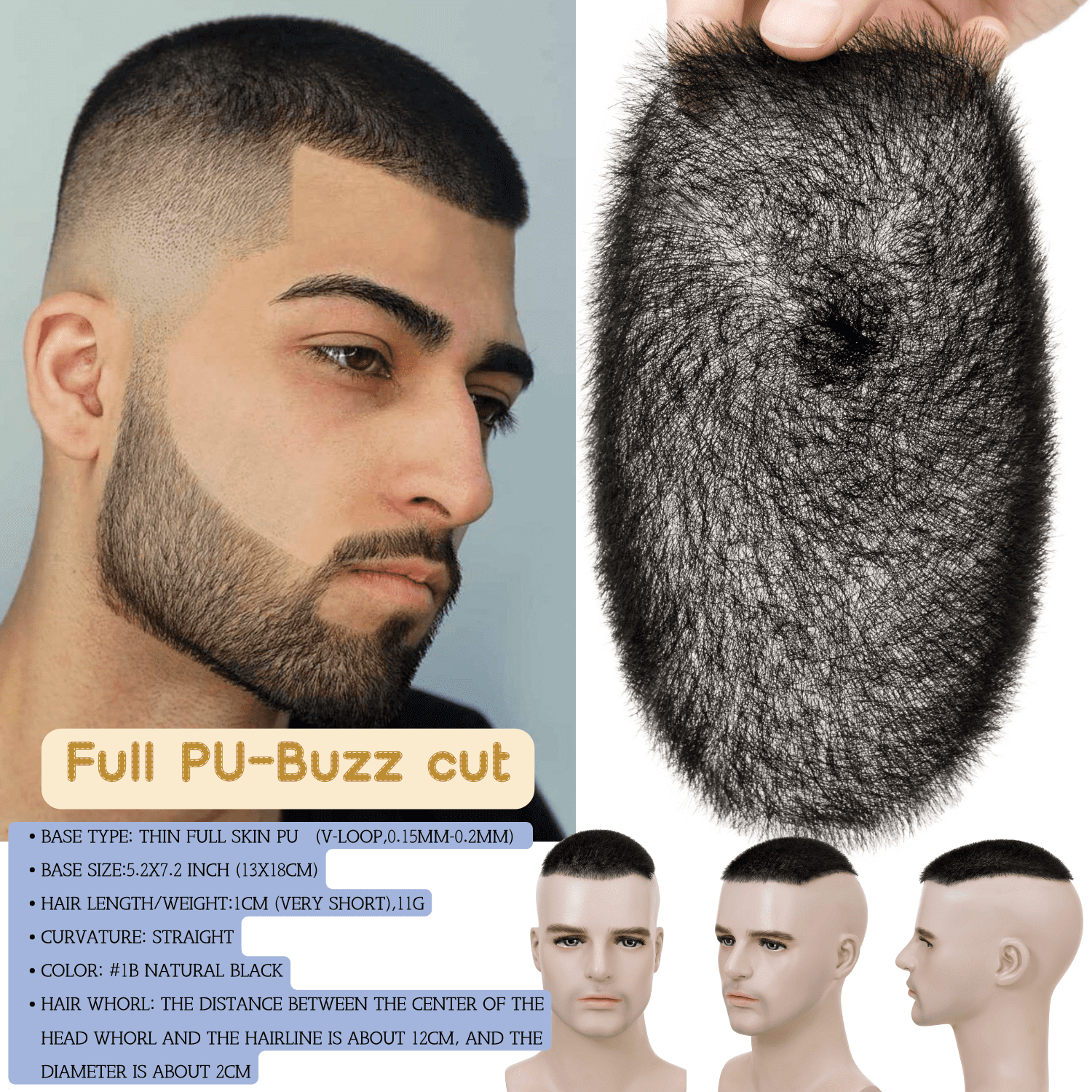 Benehair Poly Skin Thin PU Base Short Toupee Wig Buzz Cut Hairpiece ...