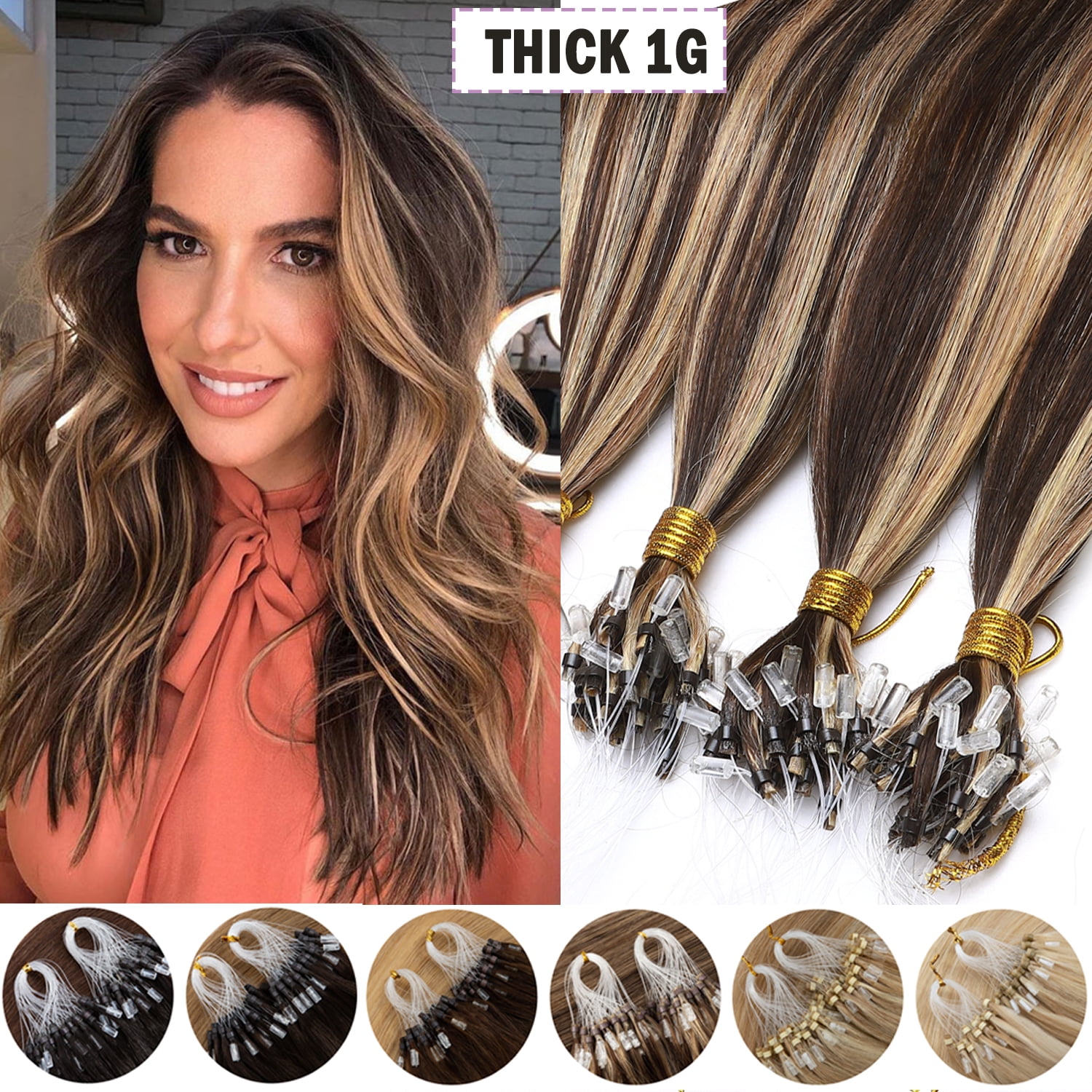 Benehair Thick 1g Micro Ring Beans Remy Real Human Hair Extensions 100% ...