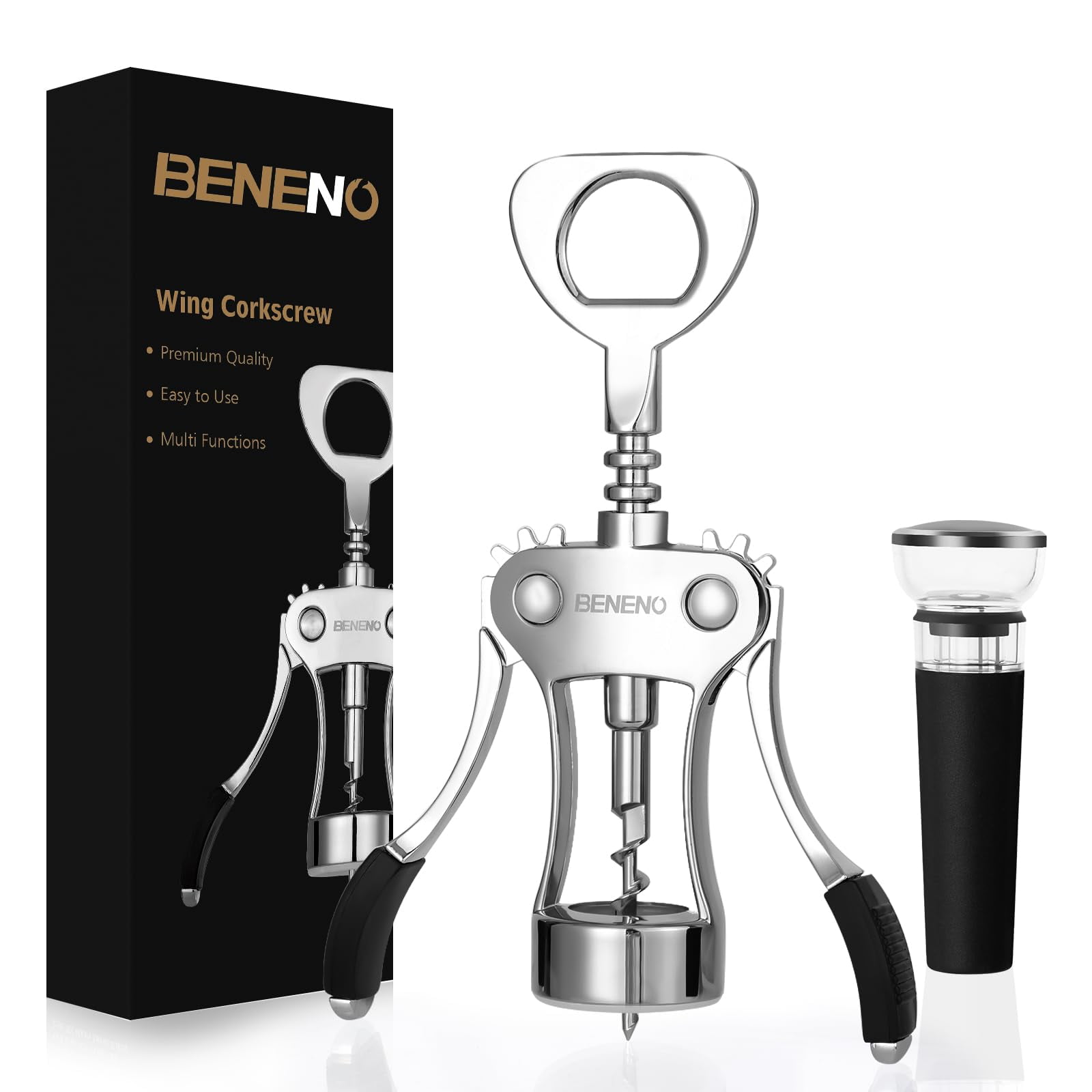 Beneno Wine Opener with Silicone Leak Proof Wine Vacuum Stopper, Zinc ...