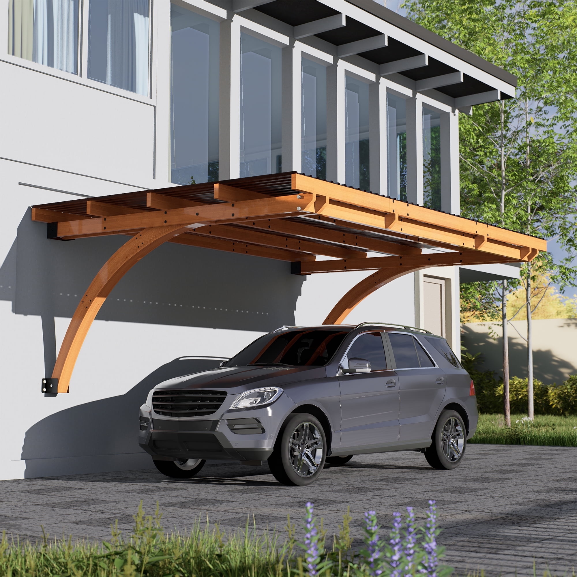 16ft x 12ft Wall-Mounted Wood Carport & Pergola with Steel Roof for ...