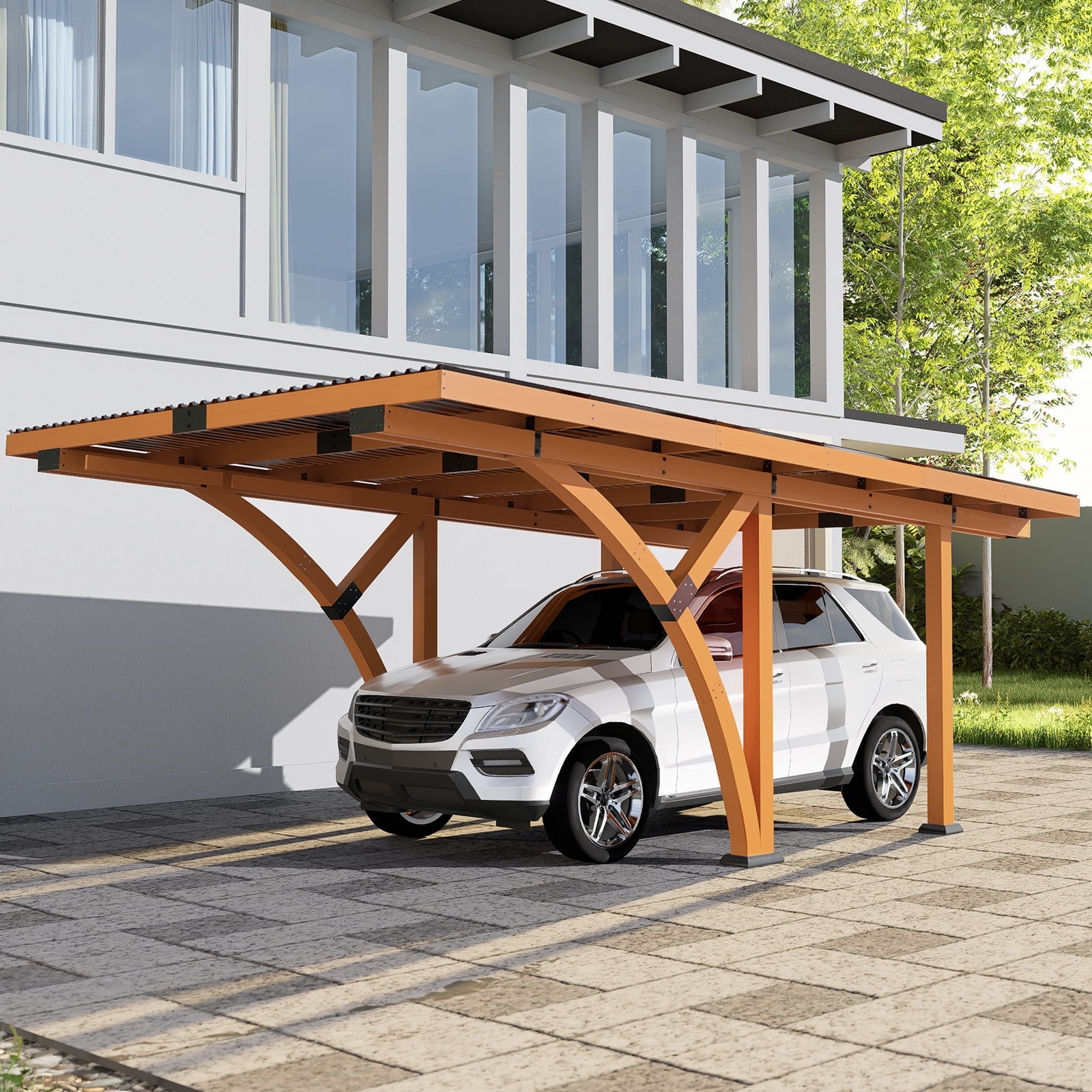 Beneouya 18.3x12.6ft Heavy-Duty Outdoor Wood Curved Carport with Steel ...