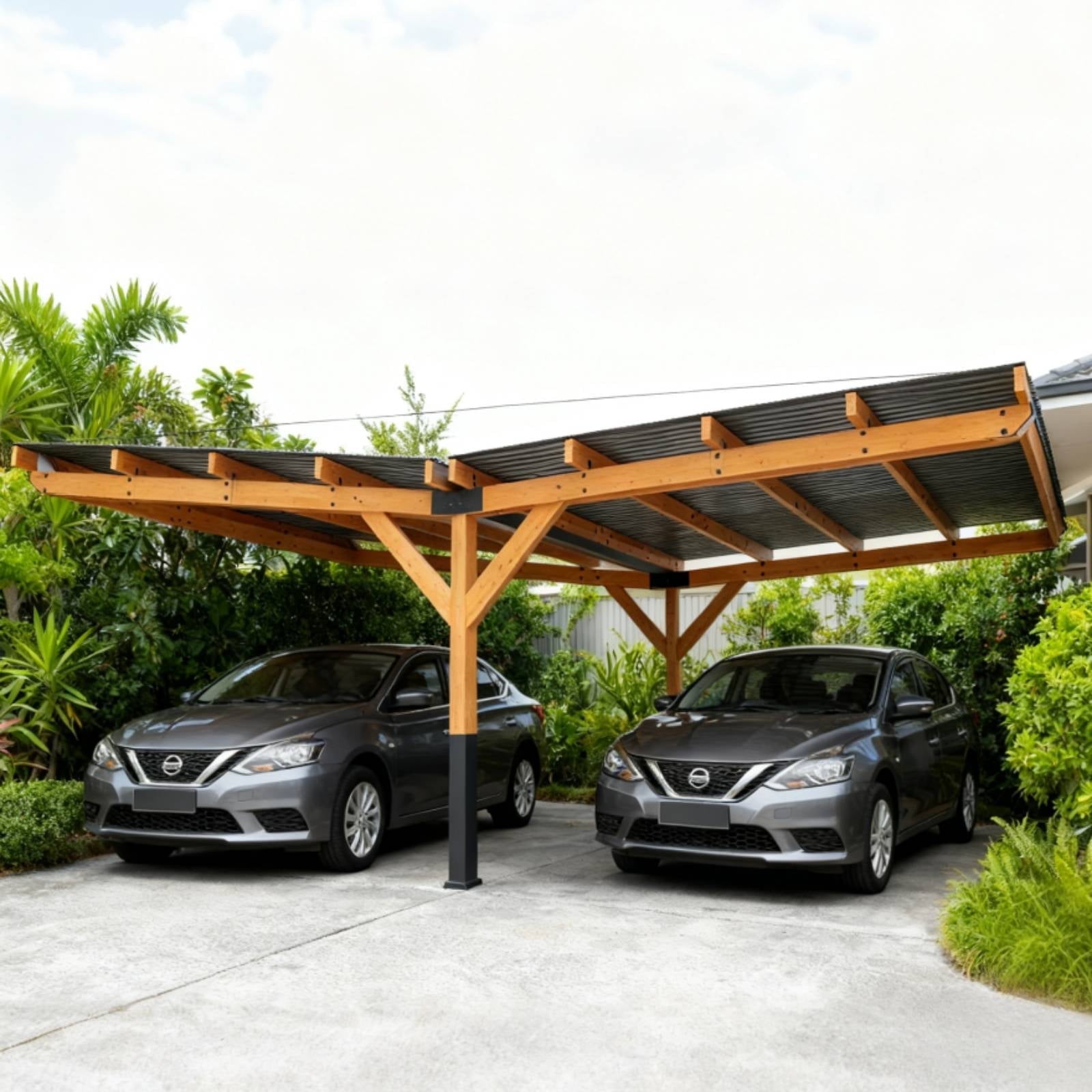 Beneouya 24.5 x 16.6 x 6.5 FT Wood Carport for 2 Cars, Heavy Duty ...
