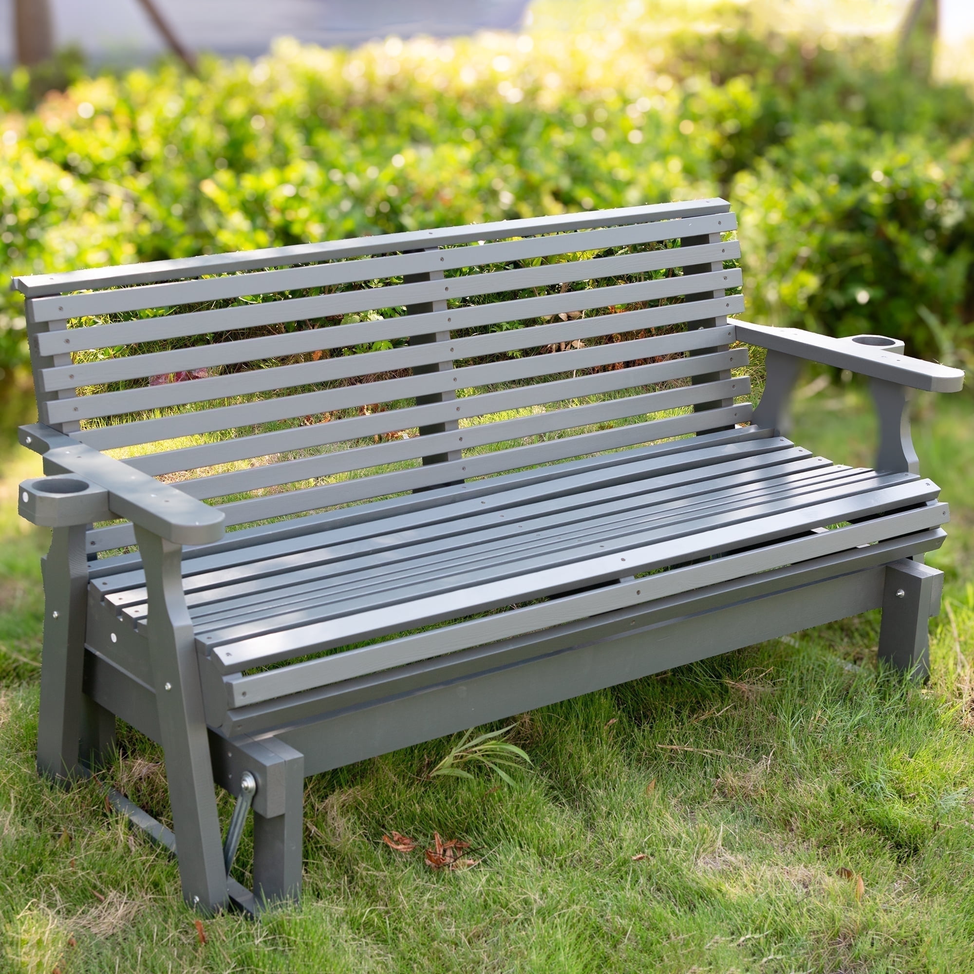 Beneouya Outdoor Glider Bench, Wooden Glider Chair with Cup Holders for ...