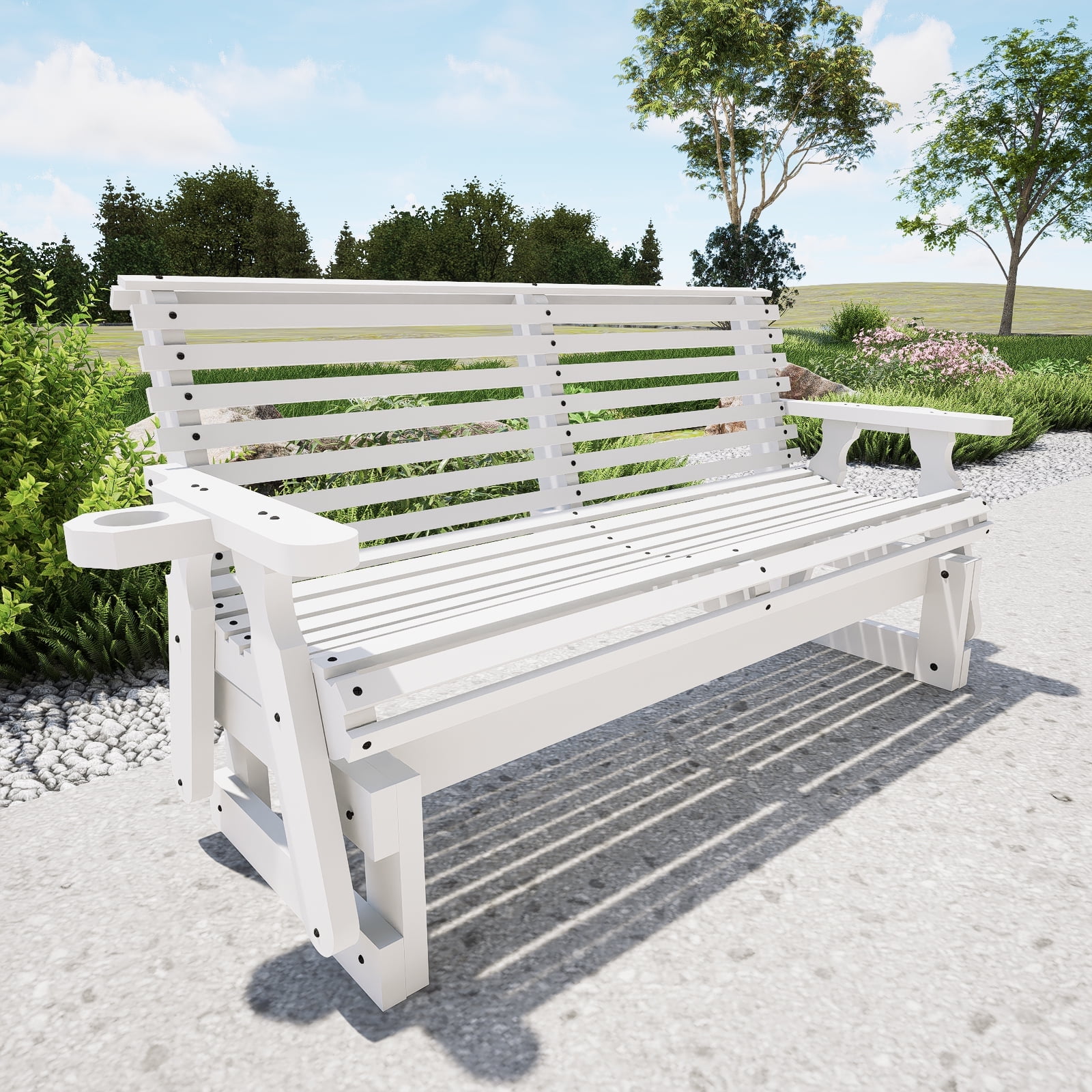 Beneouya Outdoor Glider Bench, Wooden Glider Chair with Cup Holders for ...
