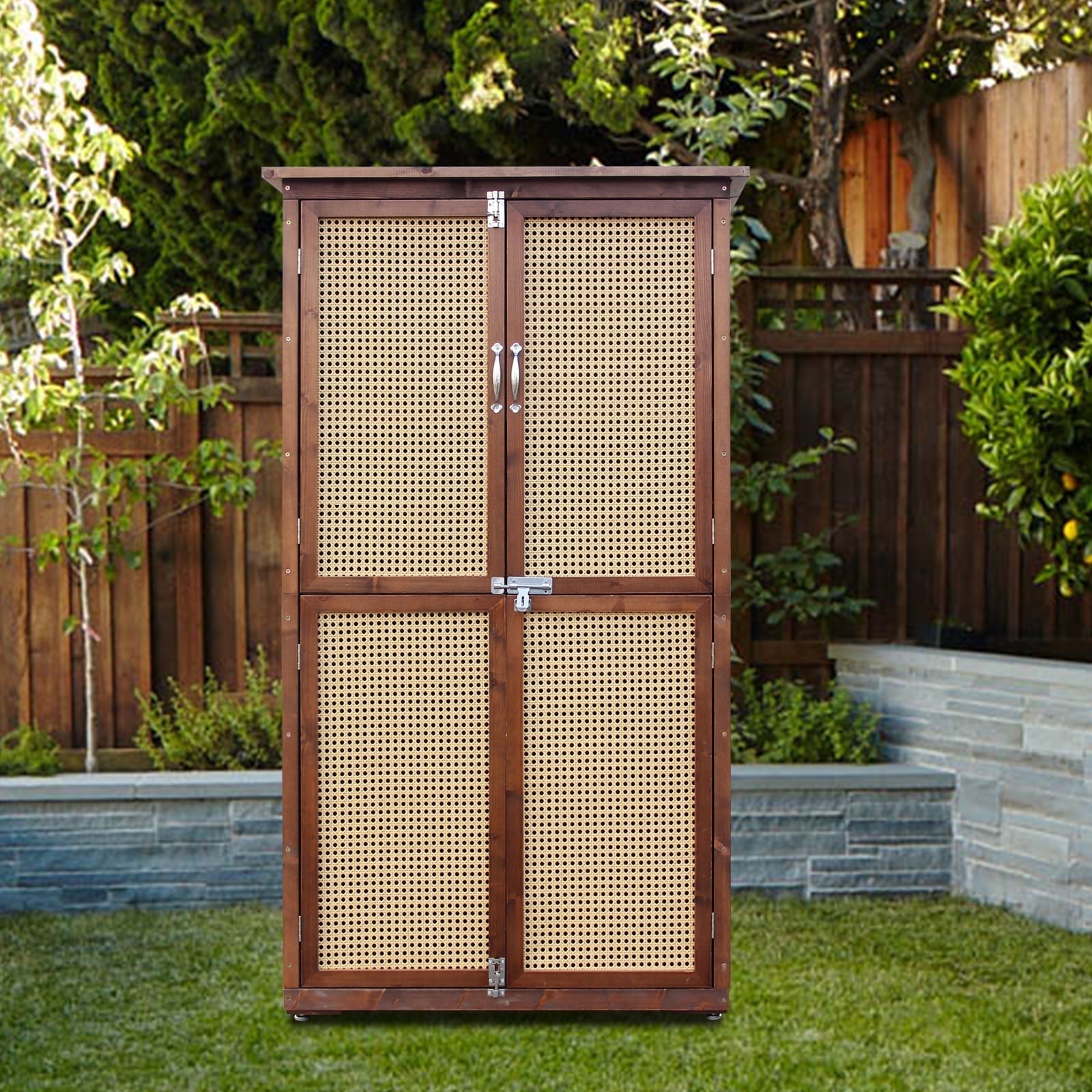 Beneouya 60.6" Wood Garden Shed with Rattan Doors and Waterproof Roof ...