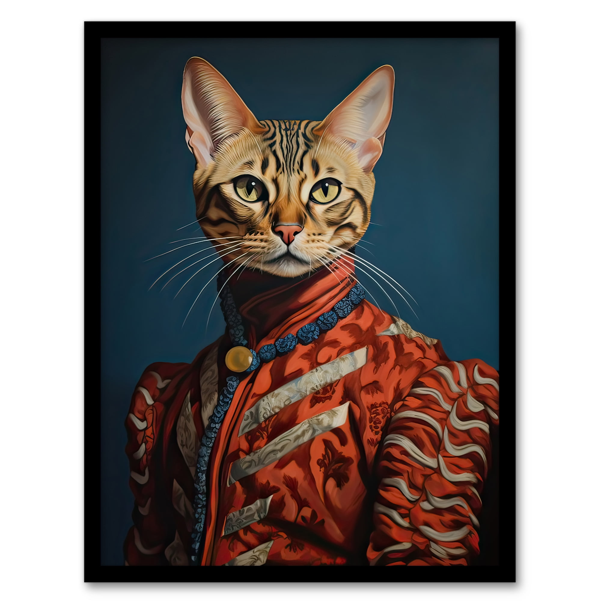 Bengal Aristocrat Oil Painting Orange Red Blue Cat Lover Pet Portrait Artwork Framed Wall Art ...