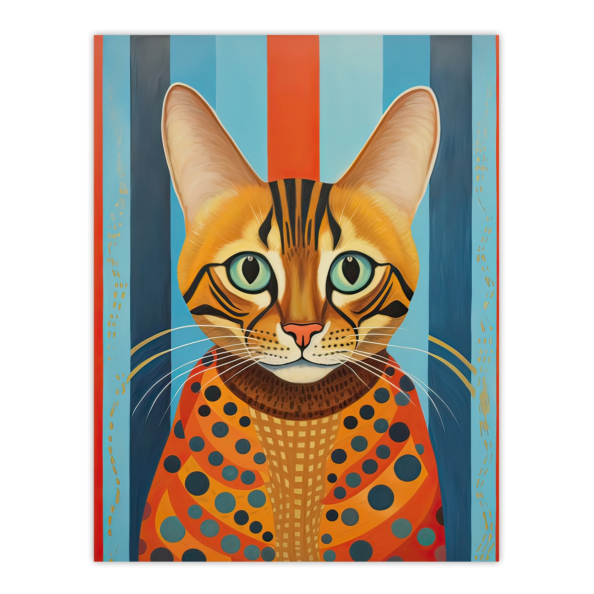 Bengal Cat Geometric Folk Art Portrait Orange Blue Oil Painting Extra ...