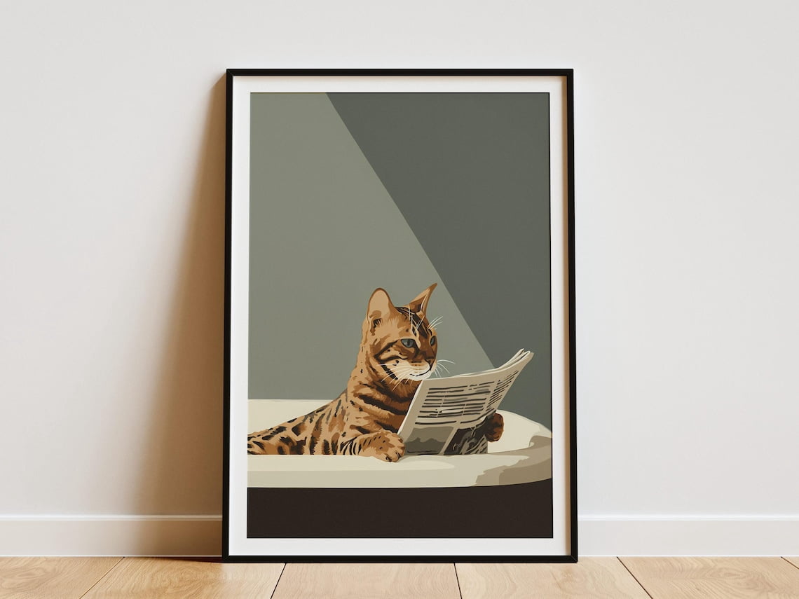 Bengal Cat Reading Newspaper Vintage Style For Animal Portrait Unique ...