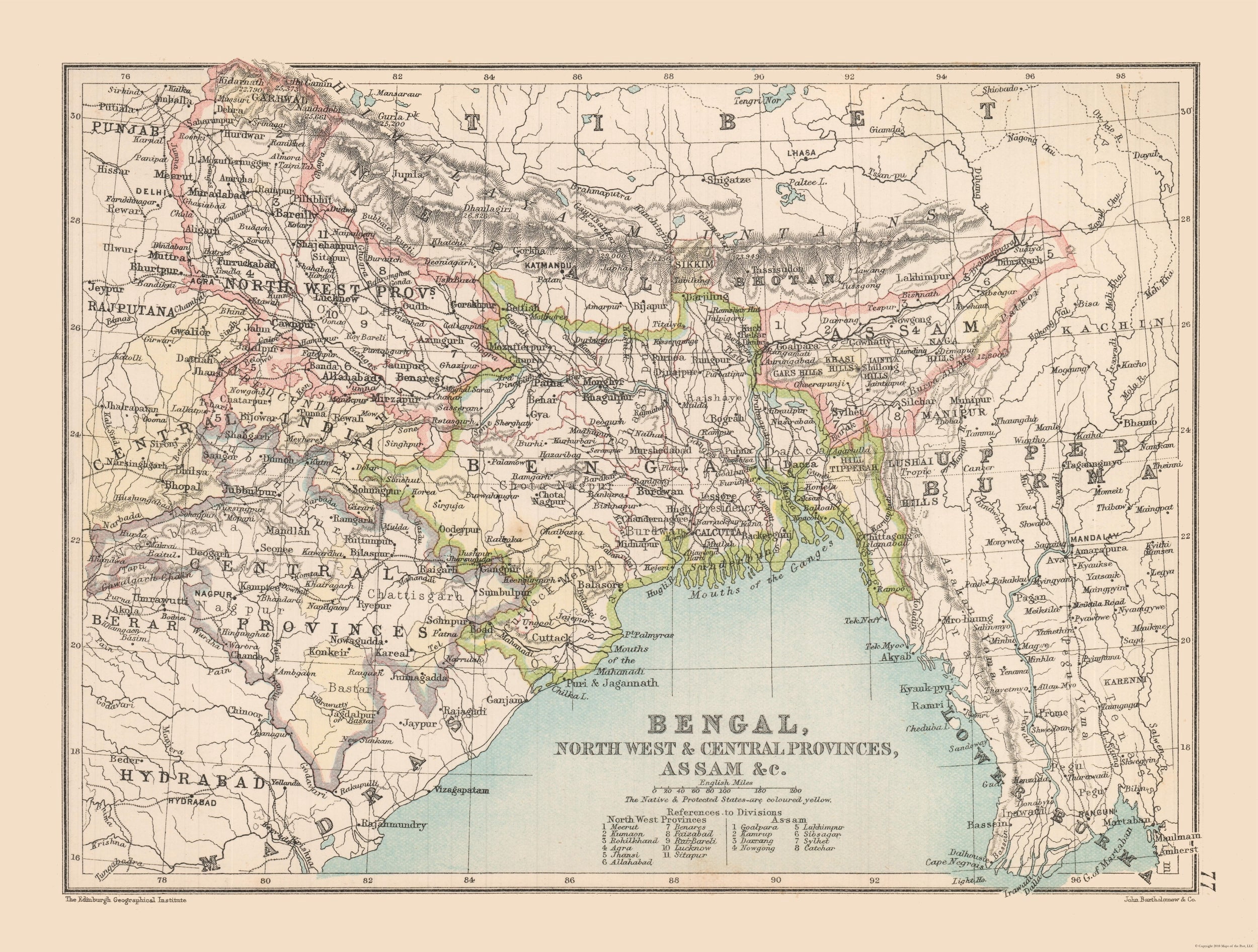 Historic Map - Bengal Region India - Bartholomew 1892 - 30.39 x 23 ...
