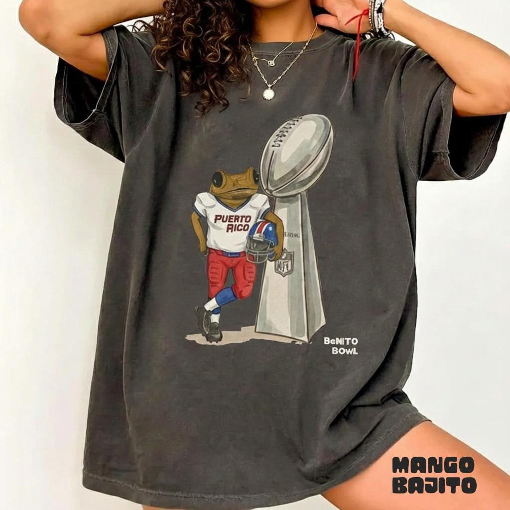 Benito Bowl Halftime Tee | Puerto Rico Coquí Frog Football Shirt | Bad ...