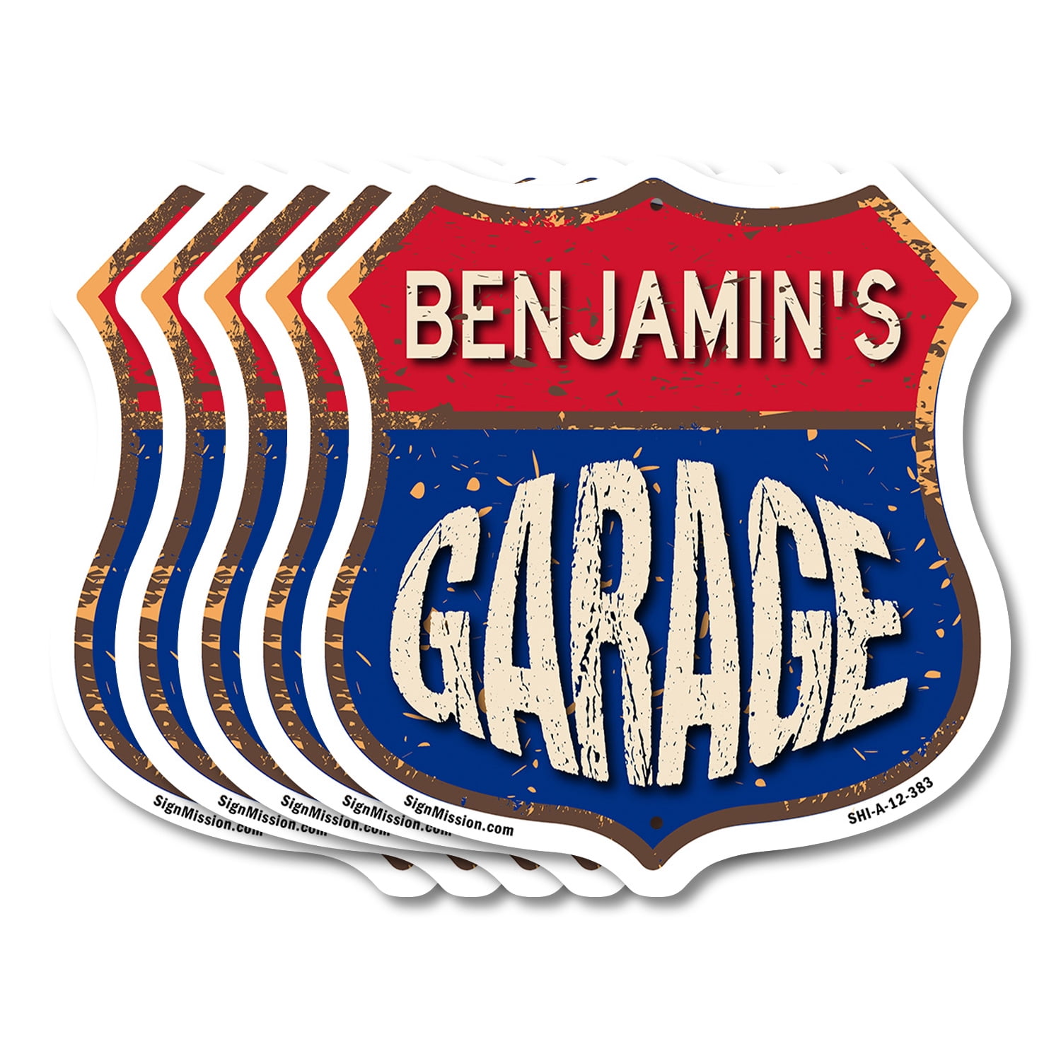 Benjamin's Garage (5 Pack) 12 inch X 12 inch Shield-Shaped Rust-Free Aluminum Metal Signs ...