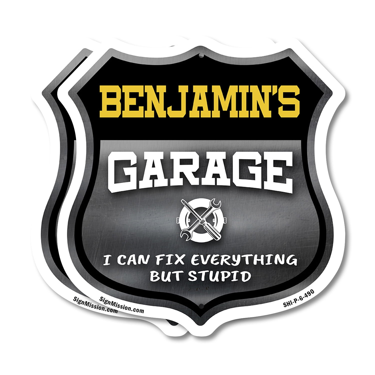 Benjamin's Garage I Can Fix Everything But Stupid (2 Pack) 6 inch X 6 inch Shield Shaped ...