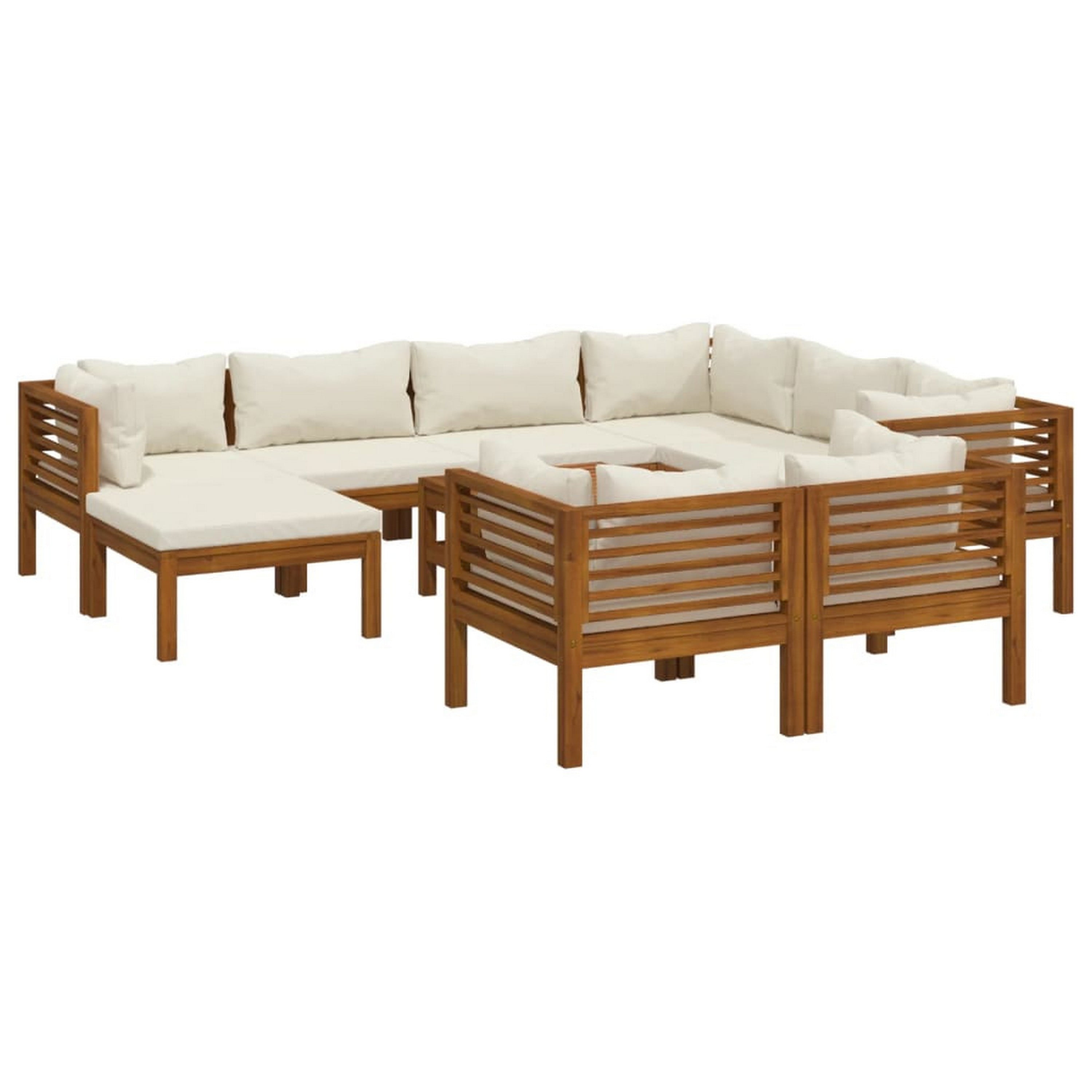 10pc Outdoor Modular Sofa Set, Coffee Table, Solid Acacia Wood, Cream ...