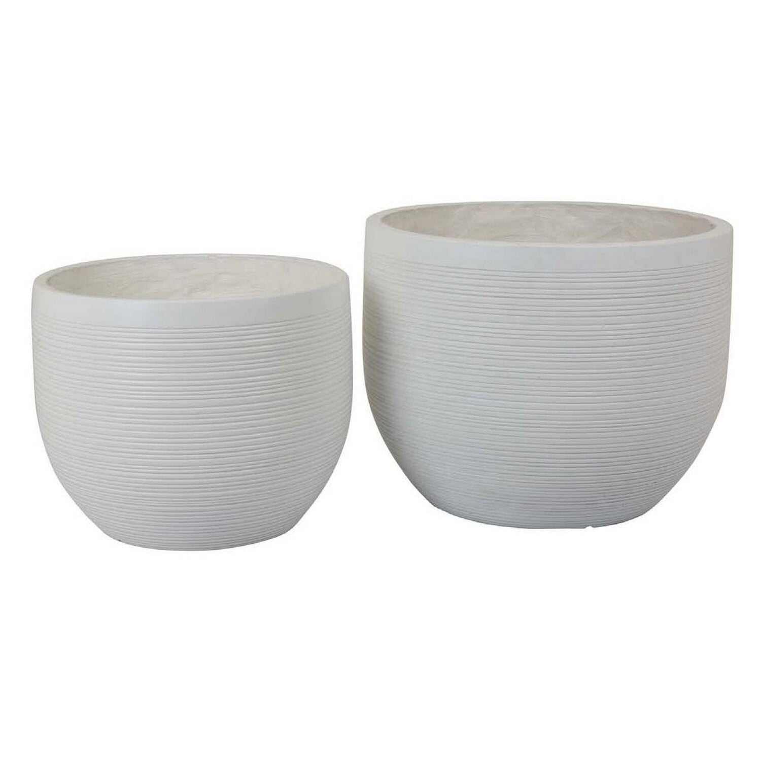 15 Inch Planter Set of 2, Round, Ribbed Design, White Resin Finish ...