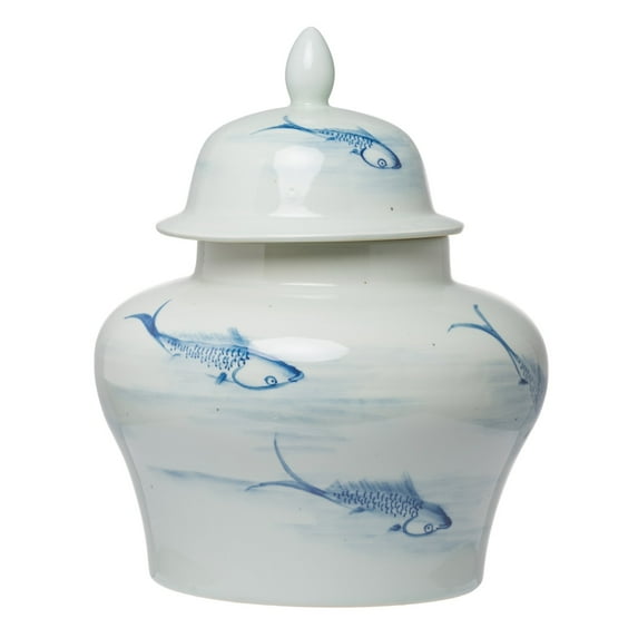 Benjara 18 Inch Porcelain Ginger Jar, Artful Wispy Fish, Classic White ...