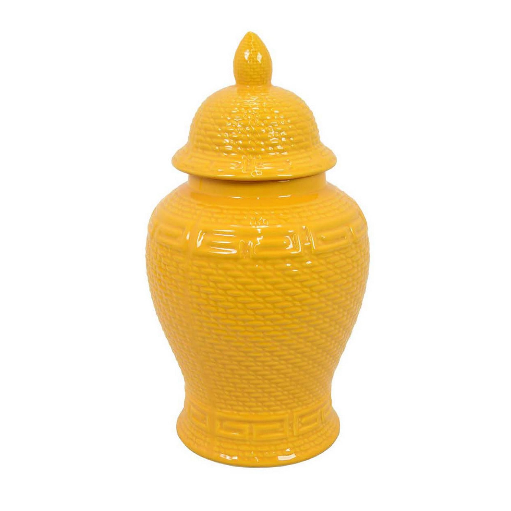 Bryan 18 Inch Ceramic Temple Jar, Geometric Print, Finial Top, Yellow ...