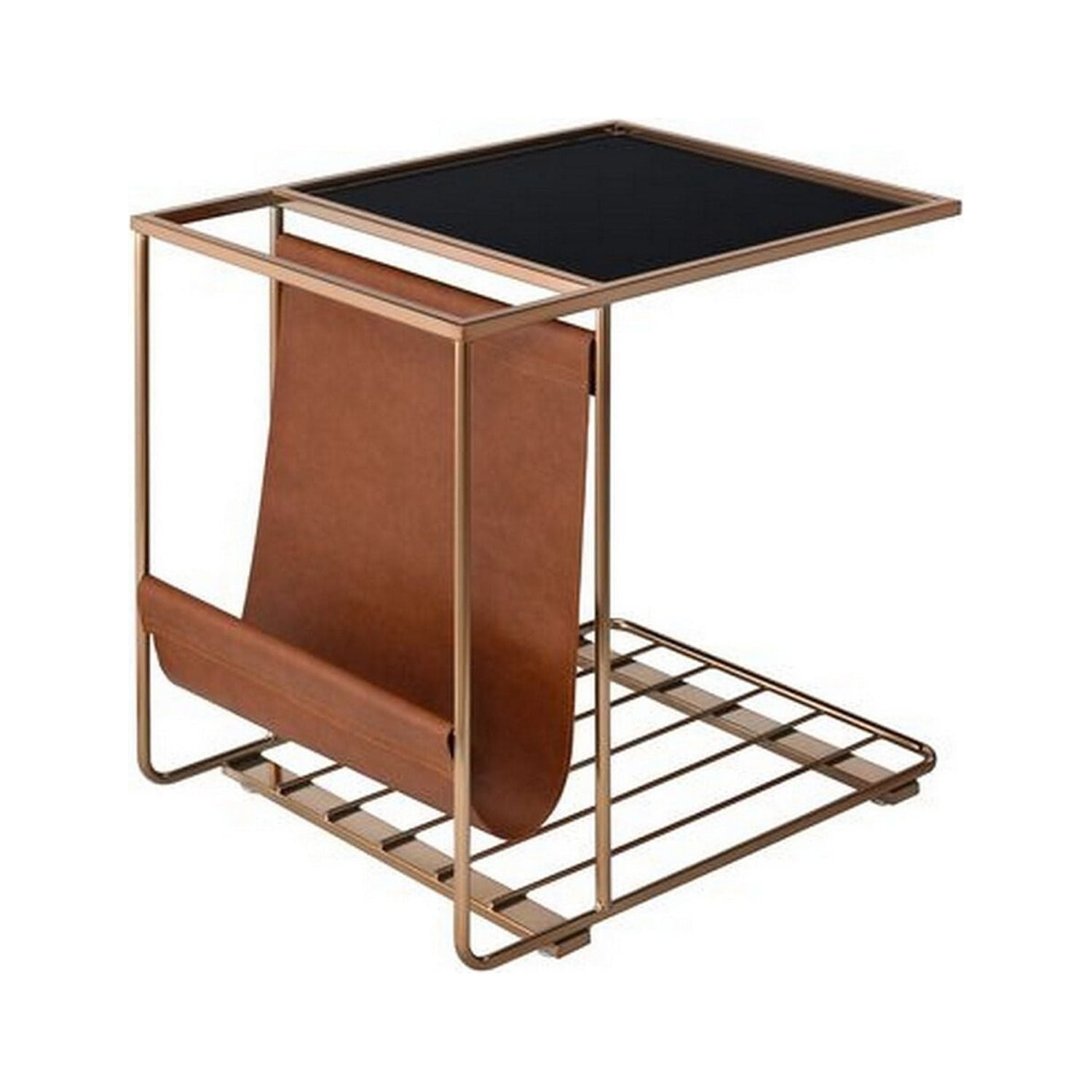 24 Inch Metal Accent End Table, Magazine Rack, Slatted Shelf, Rose Gold ...