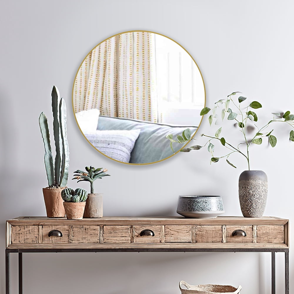 24 Inches Round Shape Sleek Metal Frame Mirror, Gold- Saltoro Sherpi ...