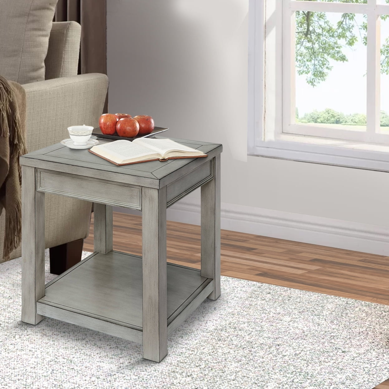 Benjara 22" Square Modern Solid Wood End Table with Open Shelf in White ...