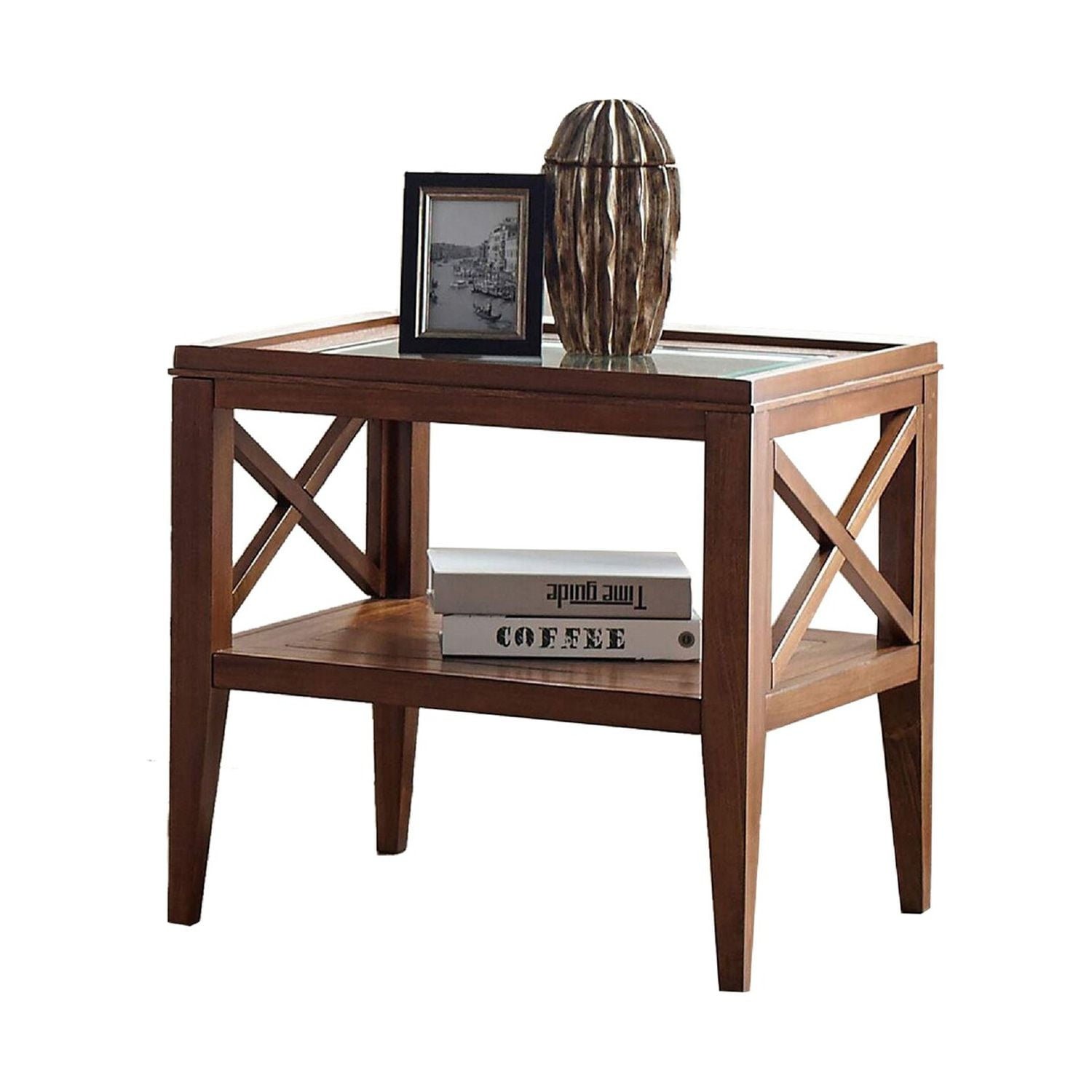 Benjara 26 Inch End Table with Tapered Legs, Glass Top, Wood, Brown ...
