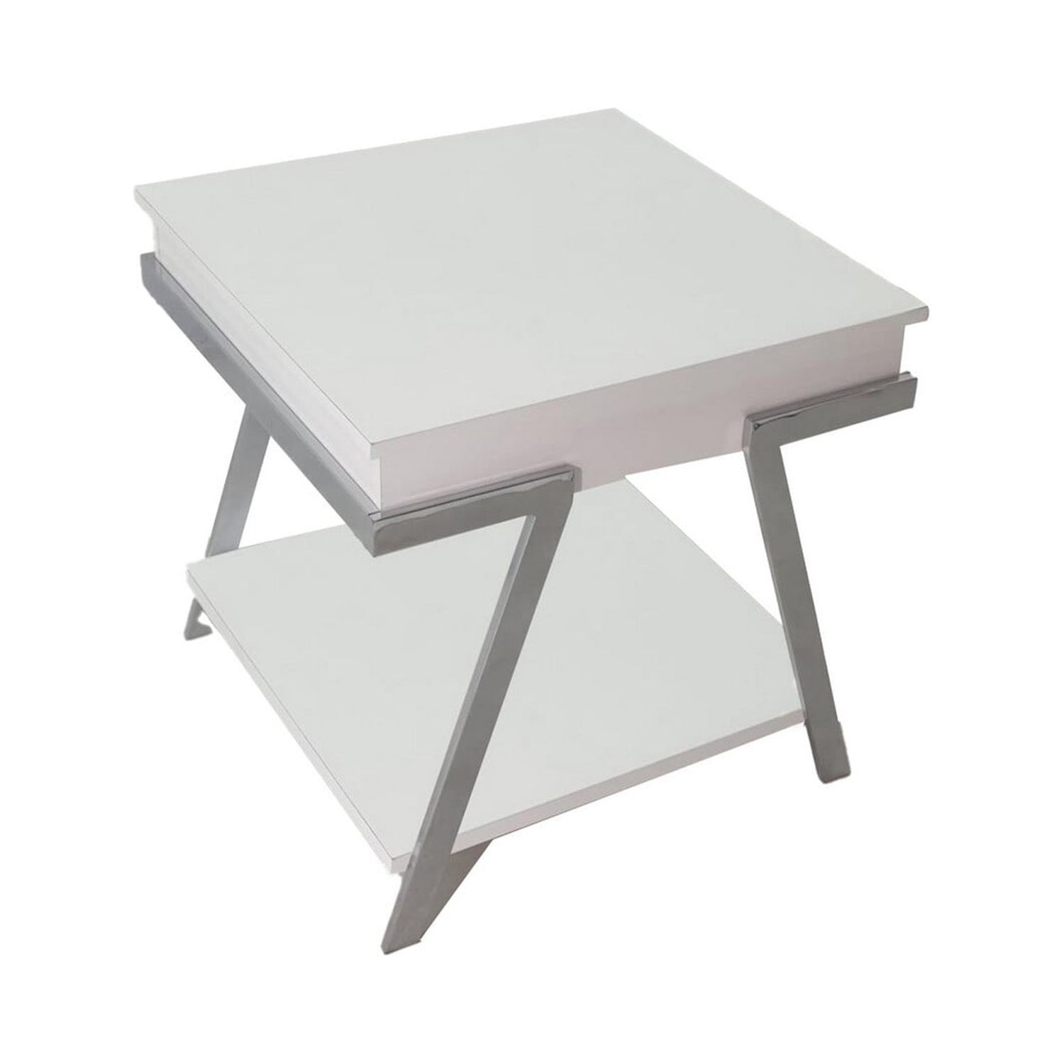 Casey 26 Inch End Table- Chrome Angled Metal Frame- Square Glossy White ...
