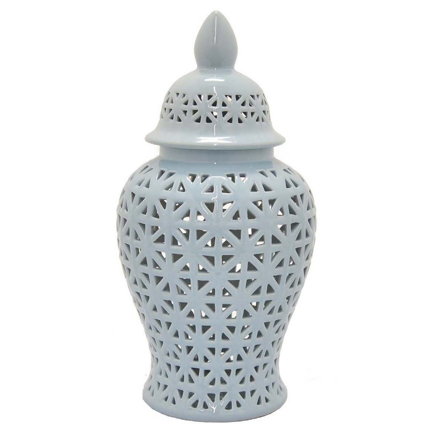 Benjara Deni 26 Inch Temple Jar, Ceramic Blue White Floral Cut Out ...
