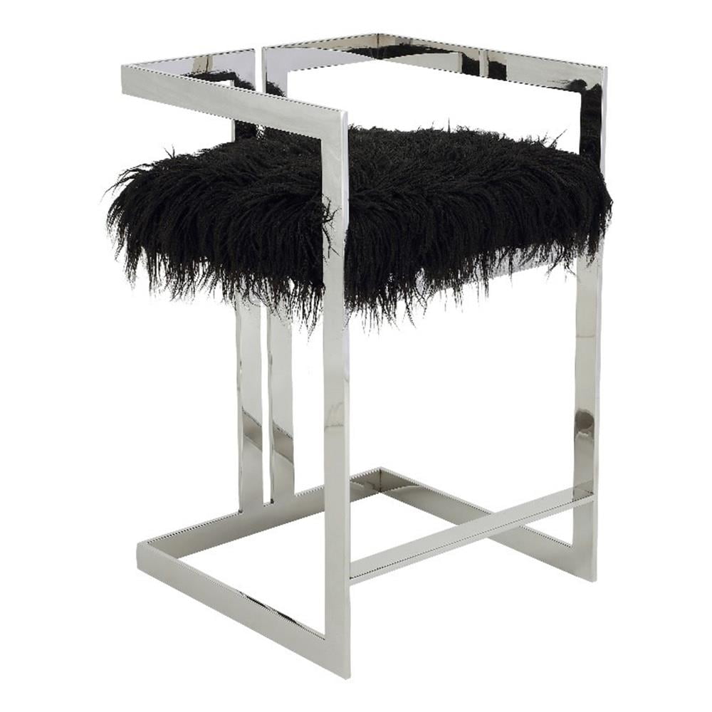 Suki 26 Inch Counter Stool Chair, Black Faux Fur, Silver Stainless ...