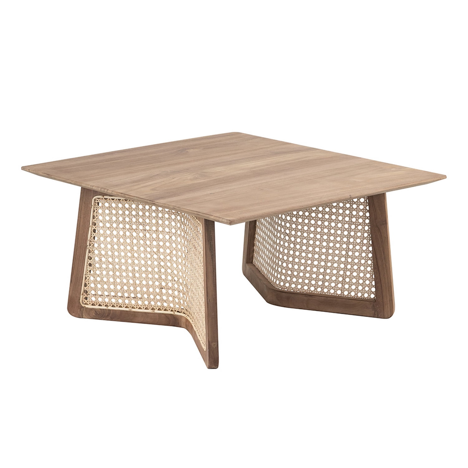 Benjara 28" Coffee Table- Square Top- Rattan Cane Base- Teak Wood ...