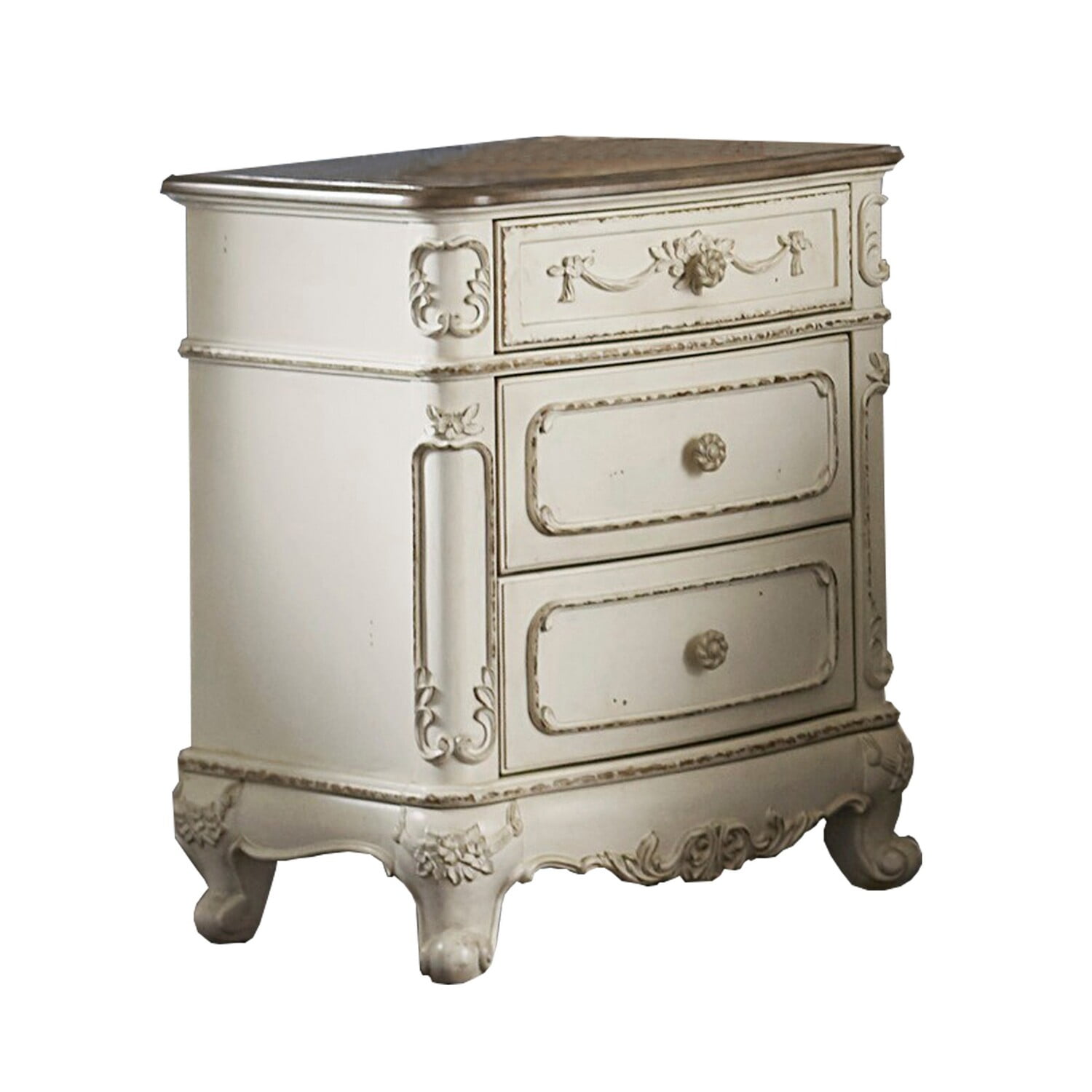 3 Drawer Nightstand with Floral Motif Carving Details, Antique White ...