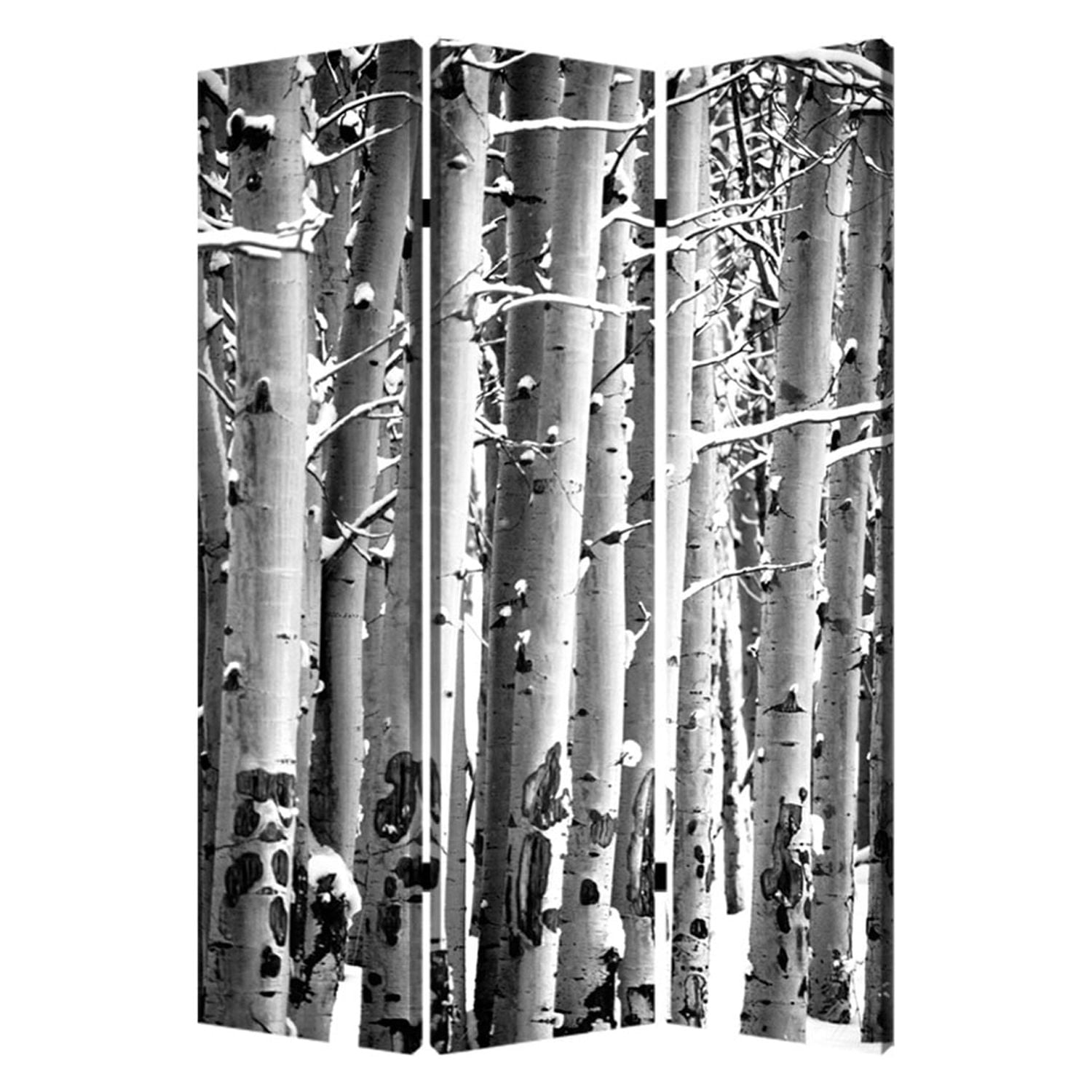 Benjara 3 Panel Canvas Foldable Screen with Birch Print, Black and ...