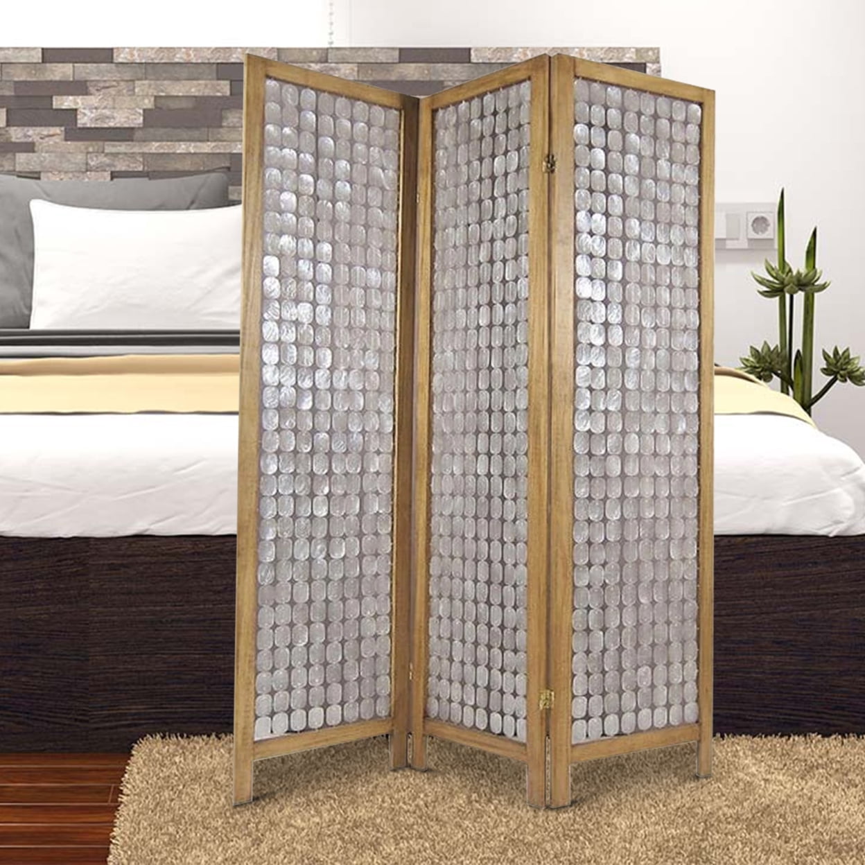 3 Panel Wooden Screen with Pearl Motif Accent, Brown and Silver ...